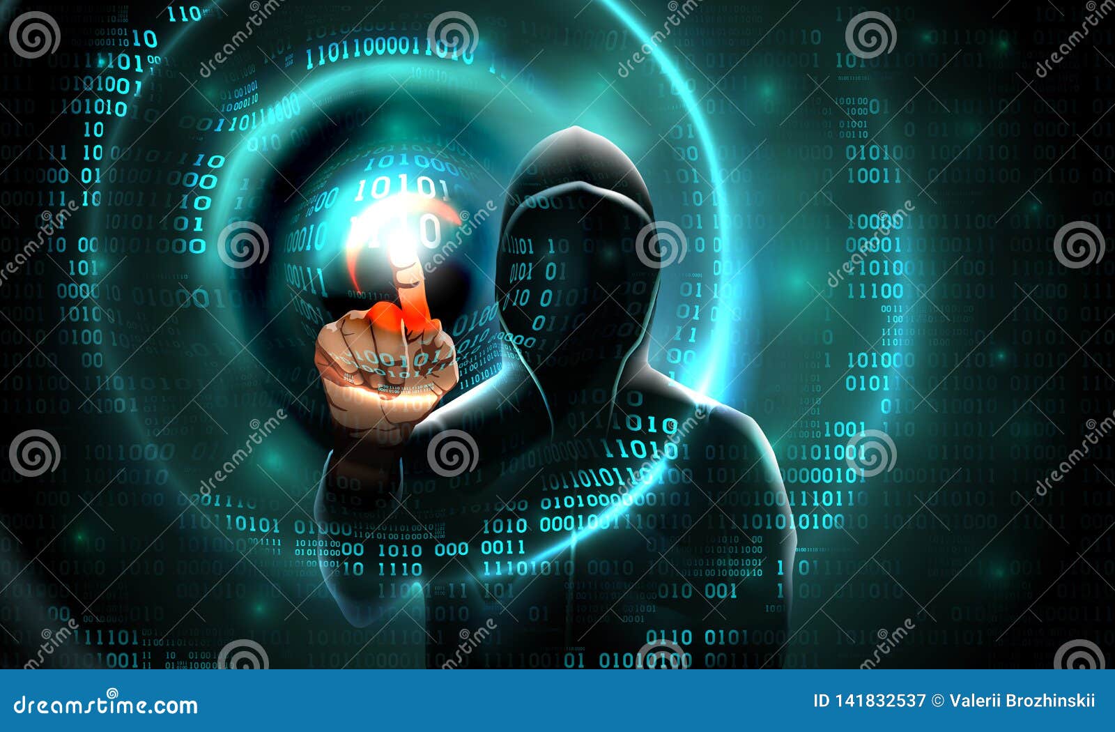 Computer Hacker With A Hood Touches The Touch Screen Binary Code Light