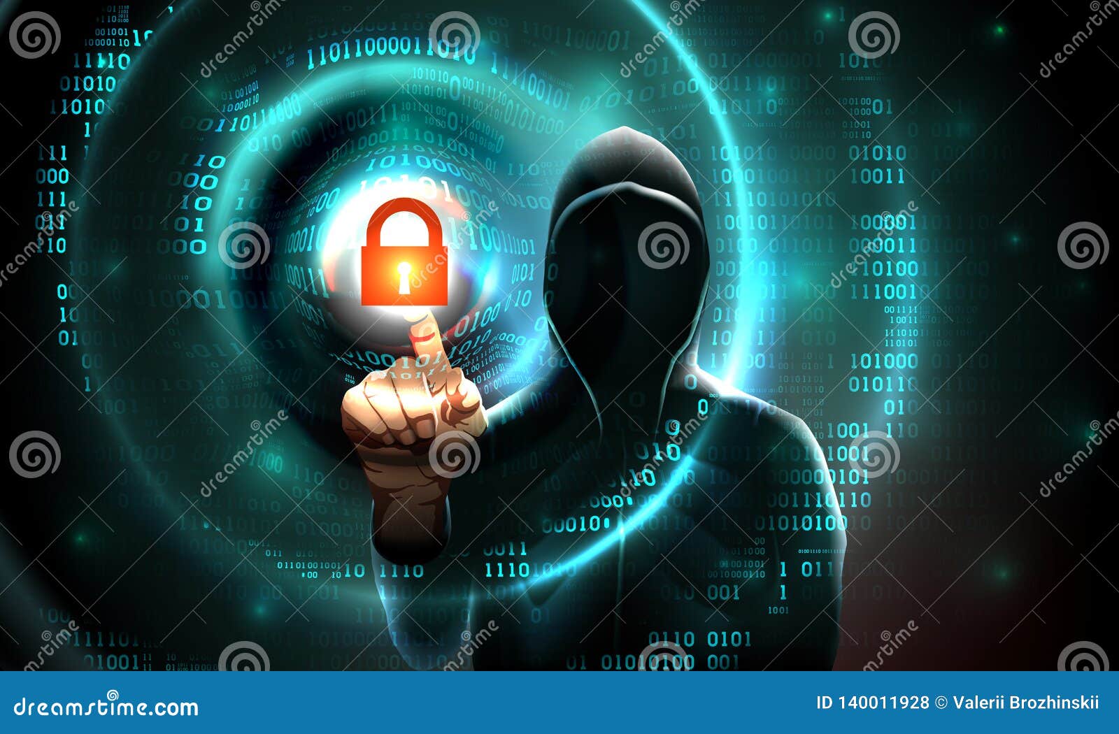 Computer Hacker Hood Touches Touchscreen Lock Symbol And Binary Code Waves On Abstract Binary