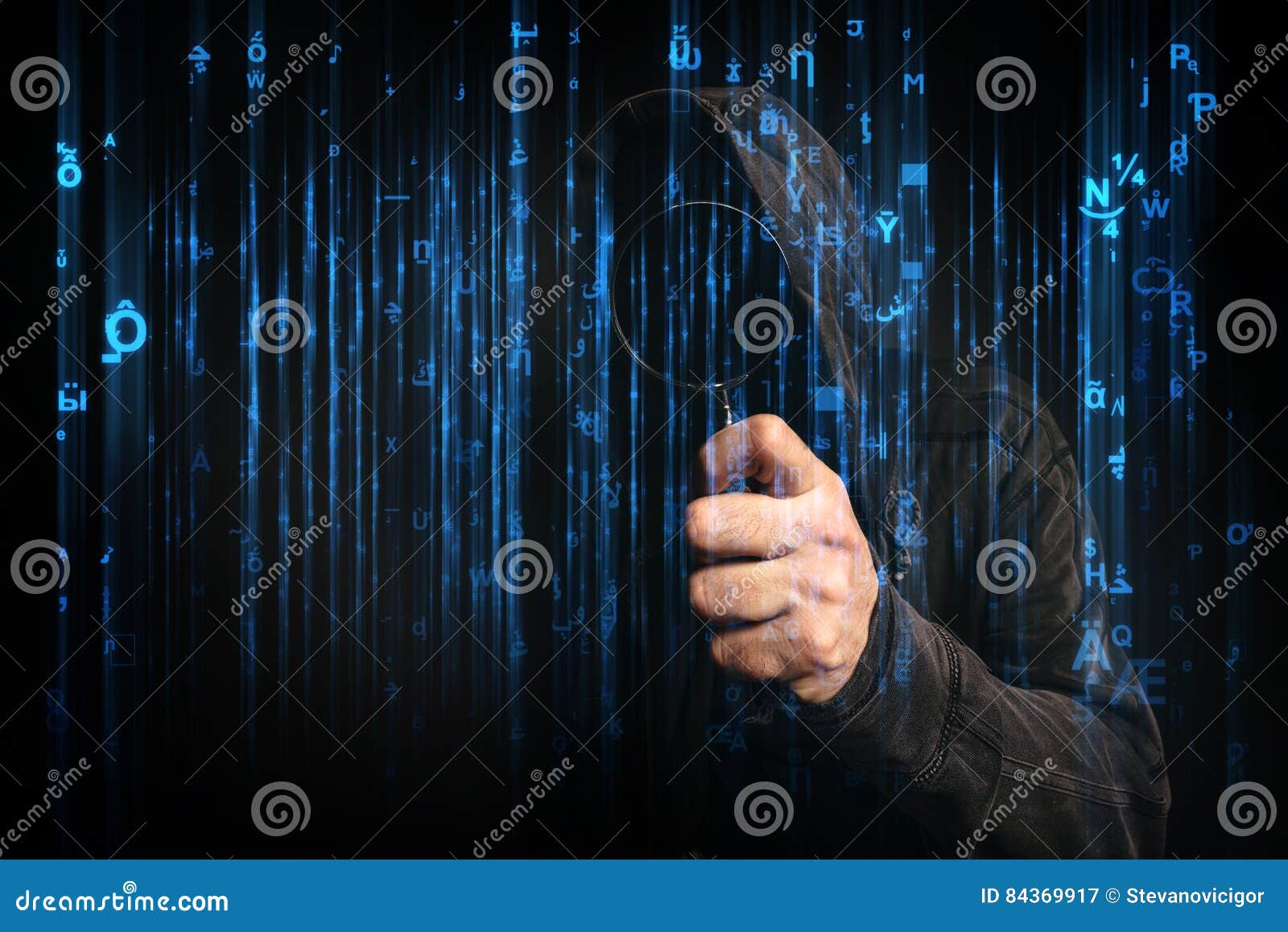 Computer Hacker with Hoodie in Cyberspace Surrounded by Matrix C Stock ...