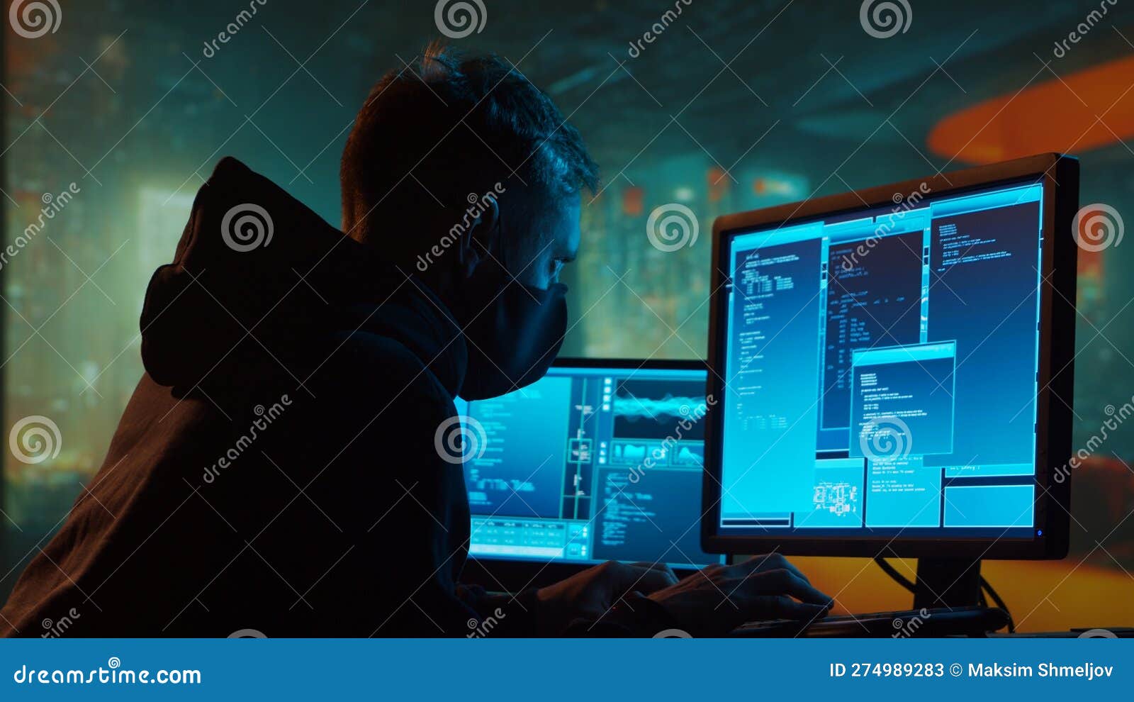 Computer Hacker in Hoodie. Obscured Dark Face. Concept of Hacker Attack ...