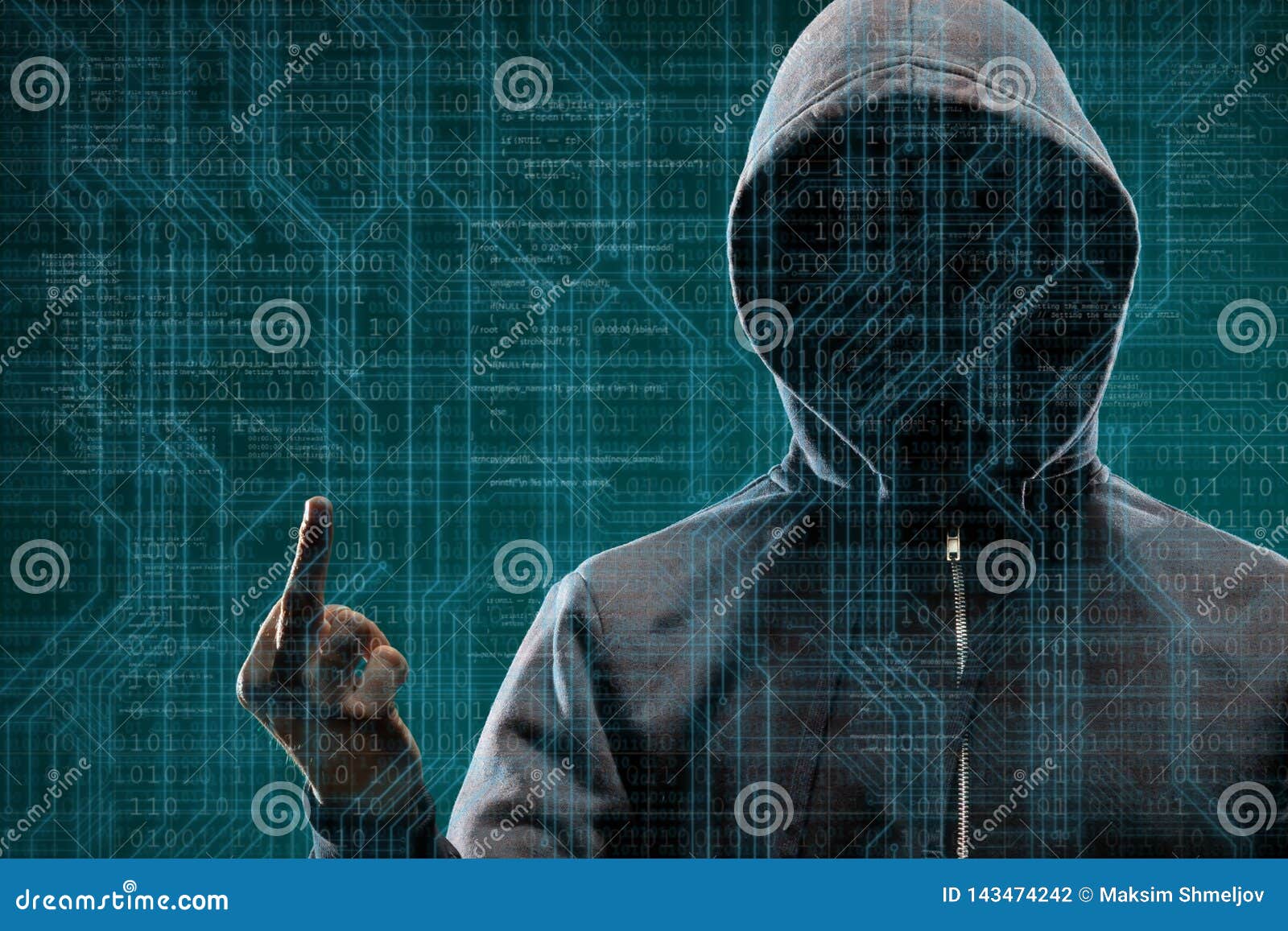 Computer Hacker in Mask and Hoodie Over Abstract Binary Background ...