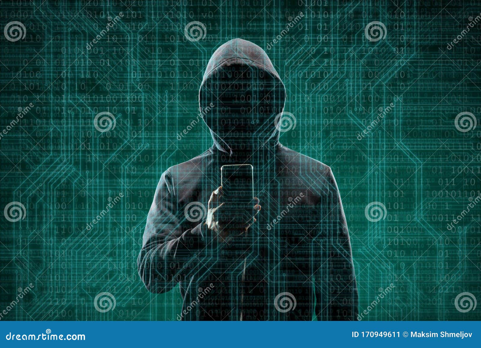 Computer Hacker In Mask And Hoodie Over Abstract Binary Background Obscured Dark Face Stock