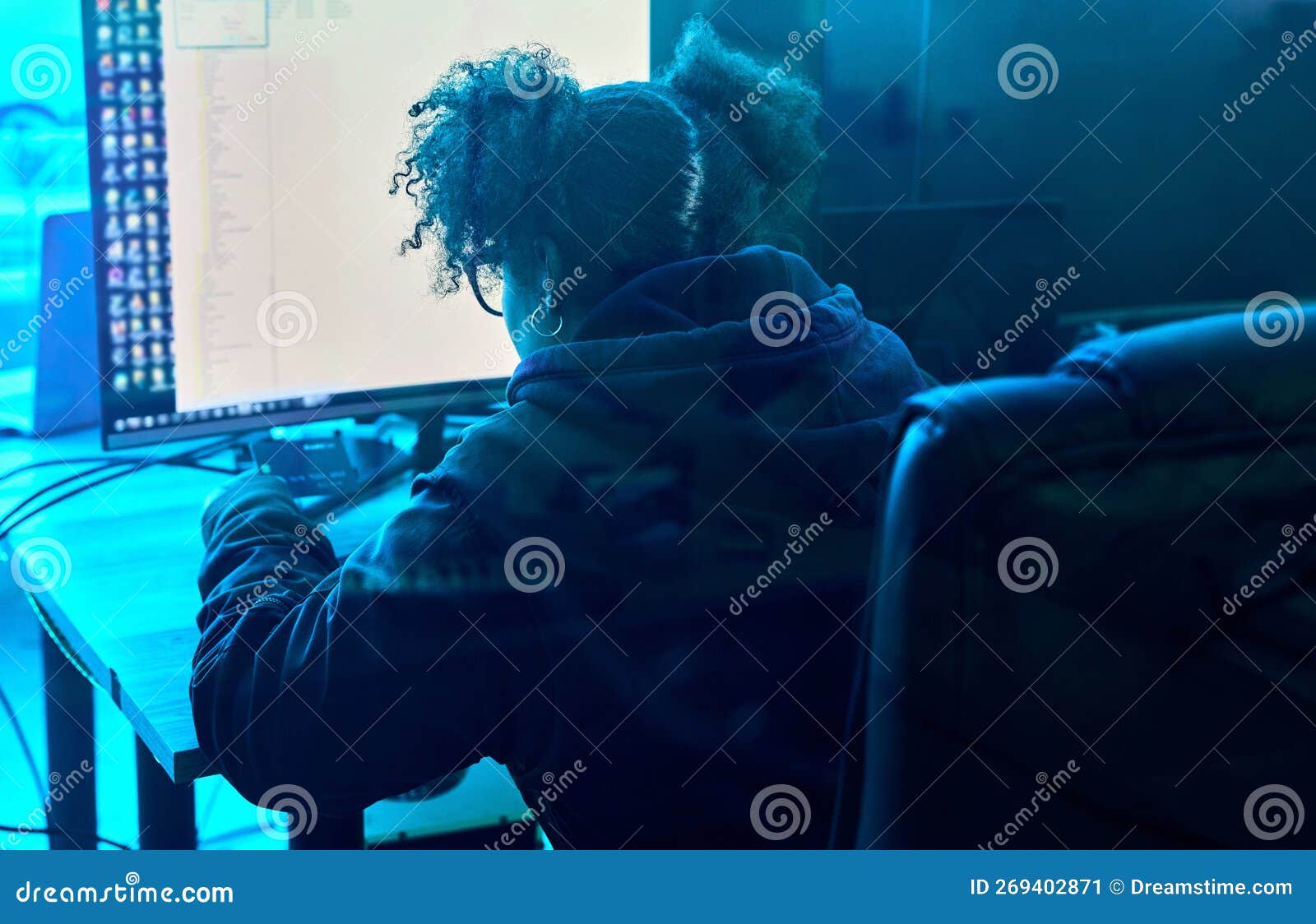 Computer Hacker Night And Neon Woman Hacking Database Software Online