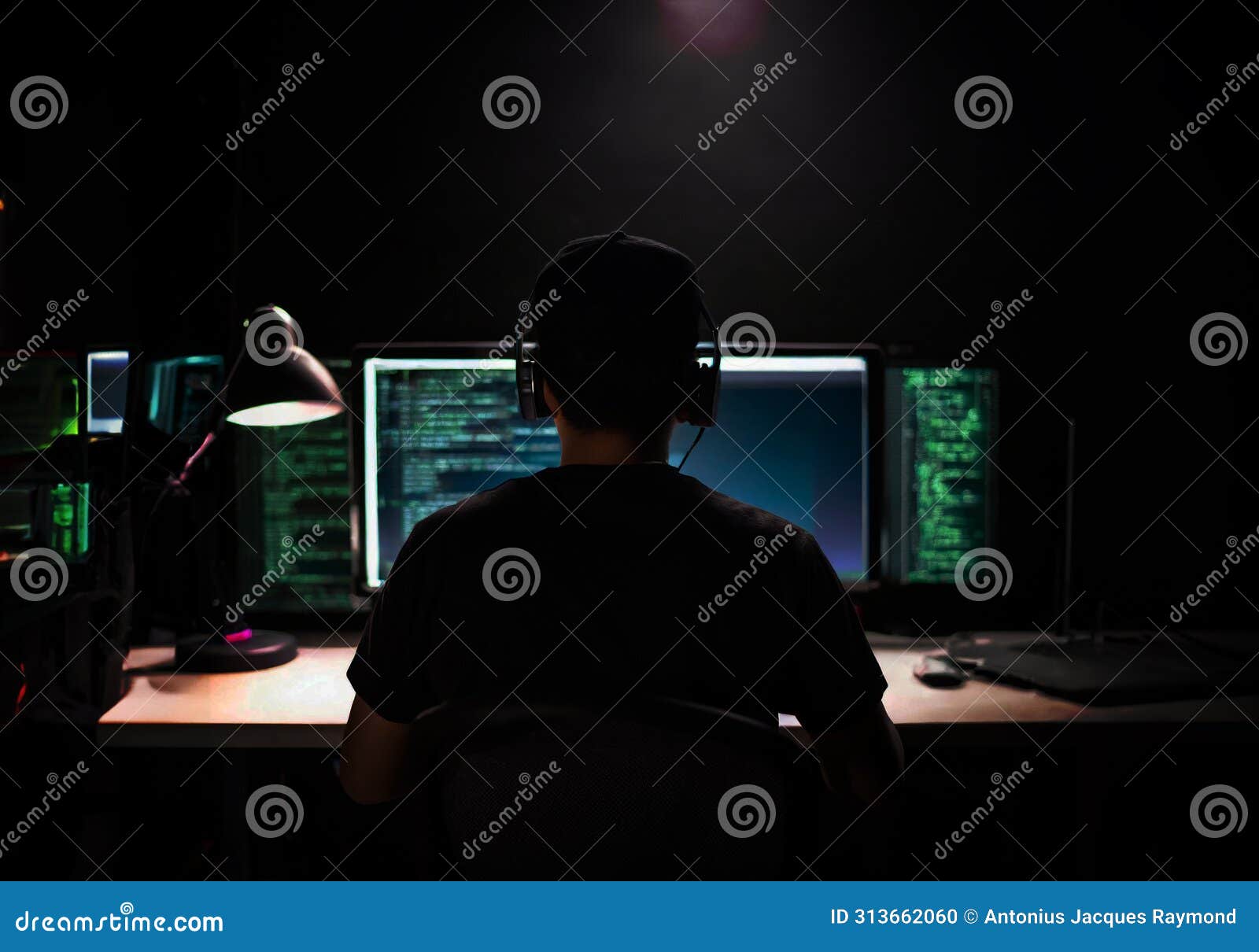 Computer Hacker Operating Computer System in a Dark Room Stock ...