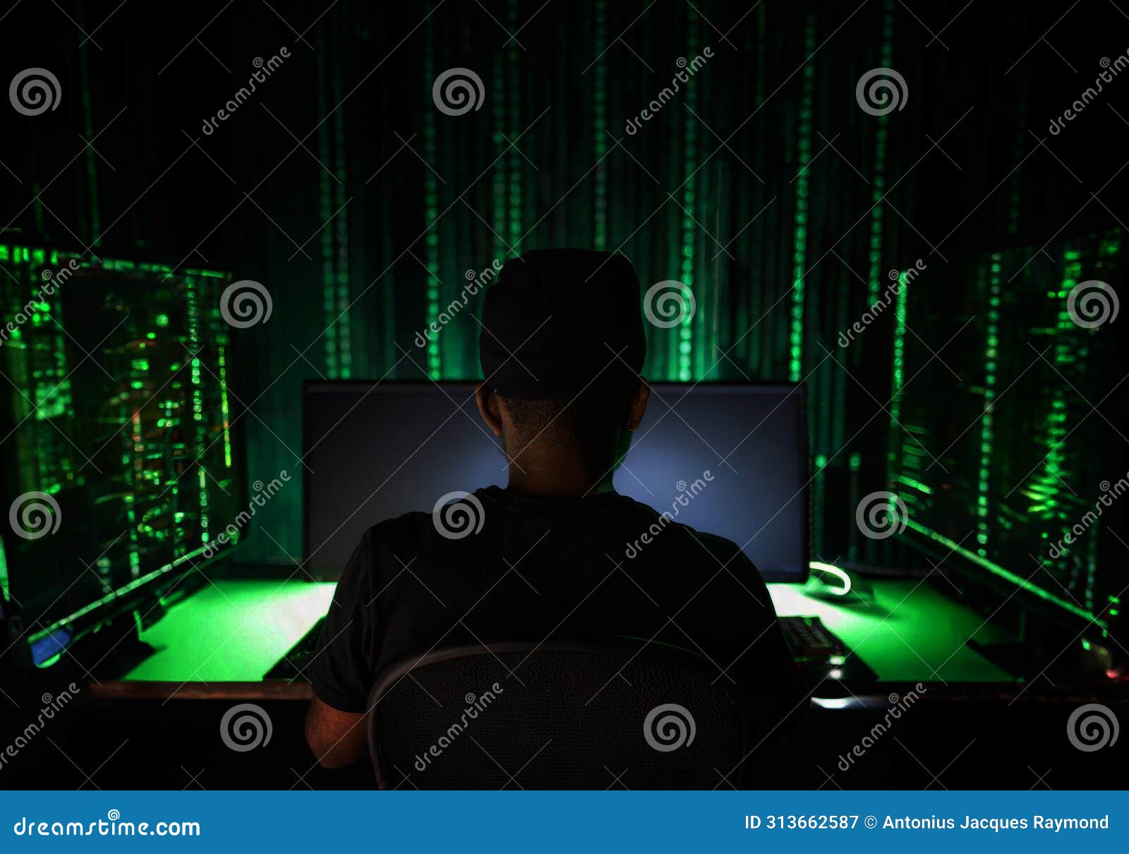 Computer Hacker Operating Computer System in a Dark Room Stock ...