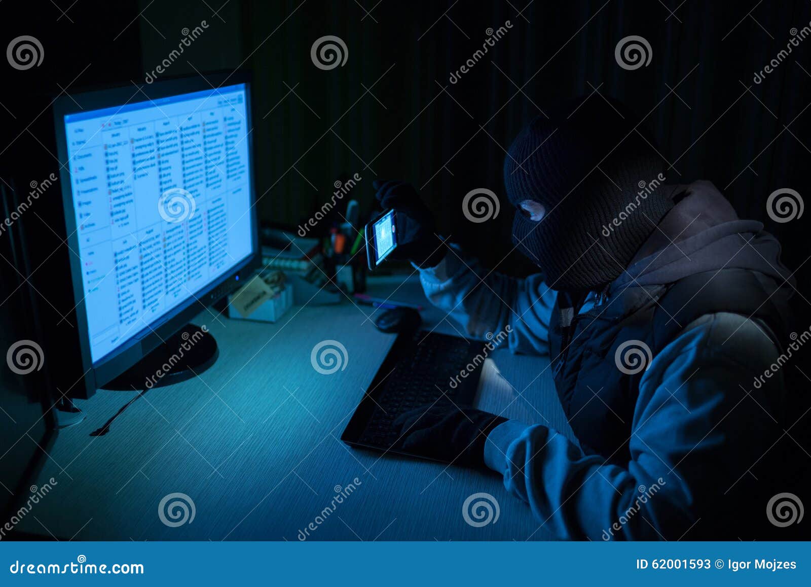 Computer Hacker with Smart Phone Make Photo Stock Image - Image of data ...