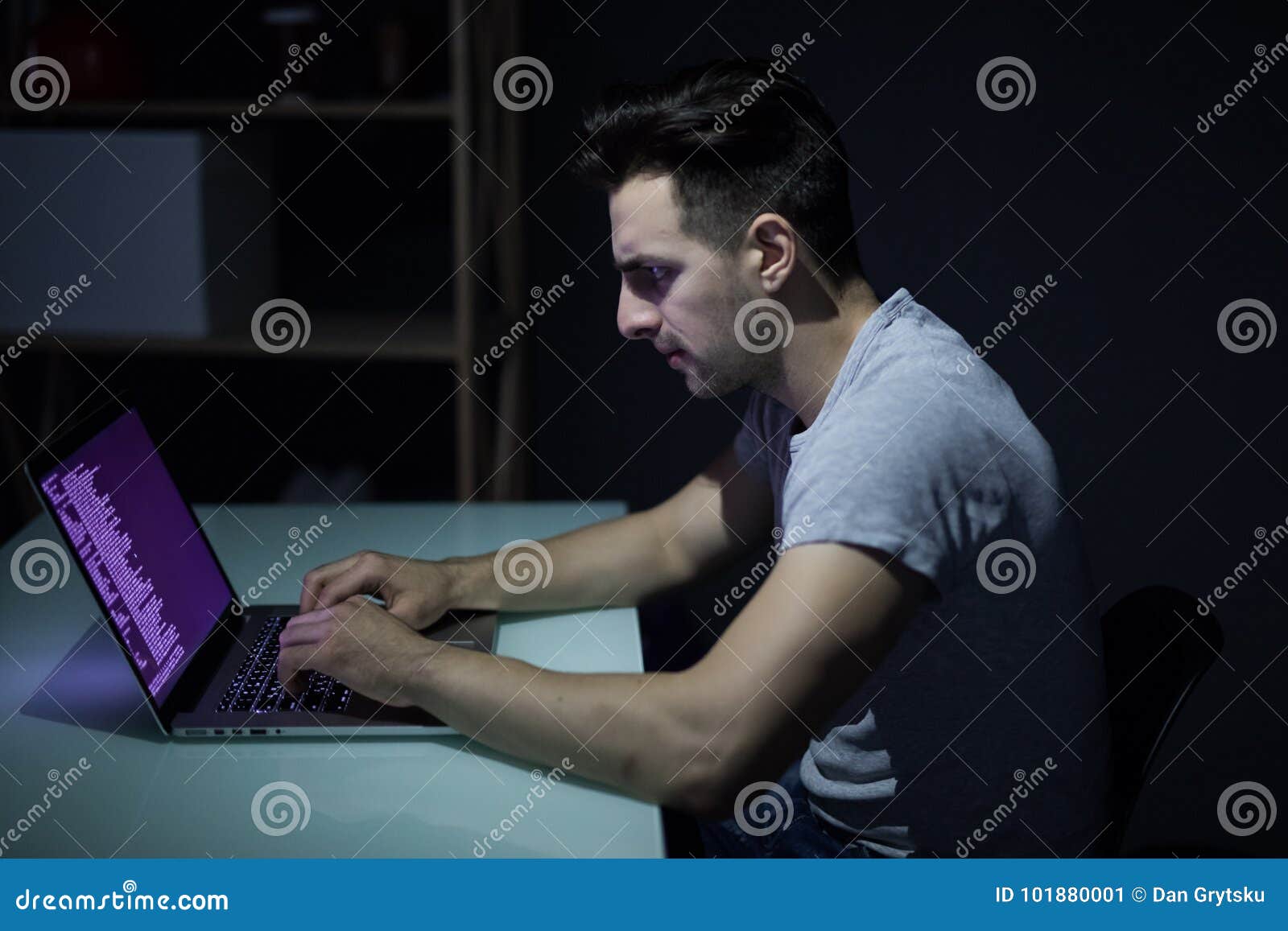 Computer Hacker Working in Dark Room Programing at Night Stock Image ...