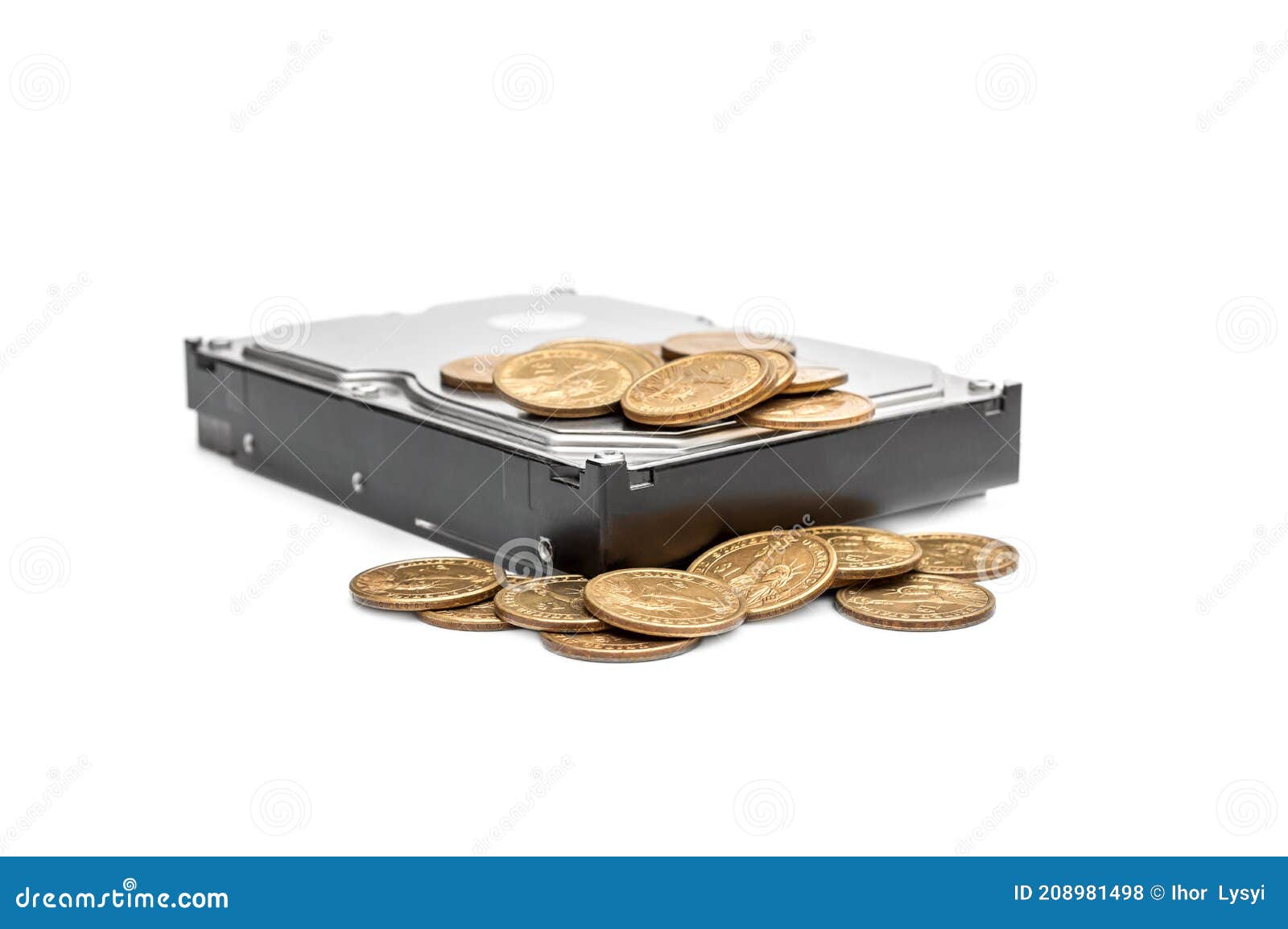 Computer Hard Disk with Coins on White Stock Photo - Image of cyber ...