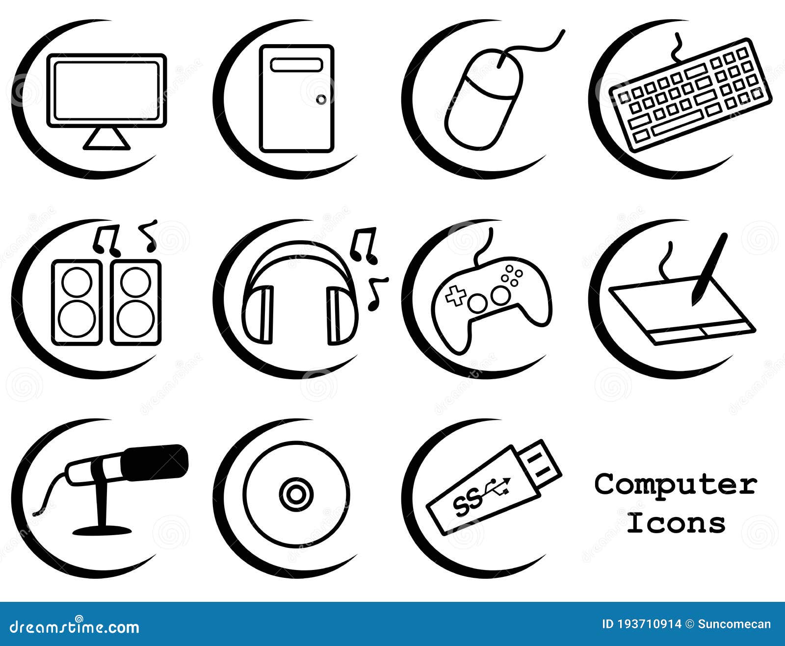 Computer Hardware and Accessories Icons with Black Line and White ...