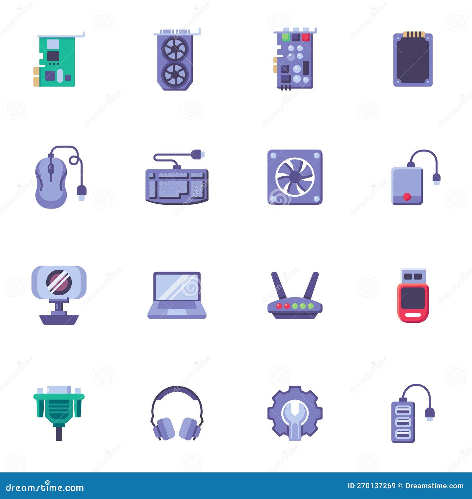 Computer Hardware Elements Collection, Flat Icons Set Stock ...