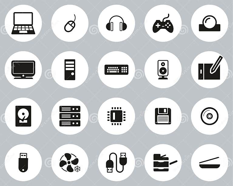 Computer Hardware Icons Black & White Flat Design Circle Set Big Stock ...