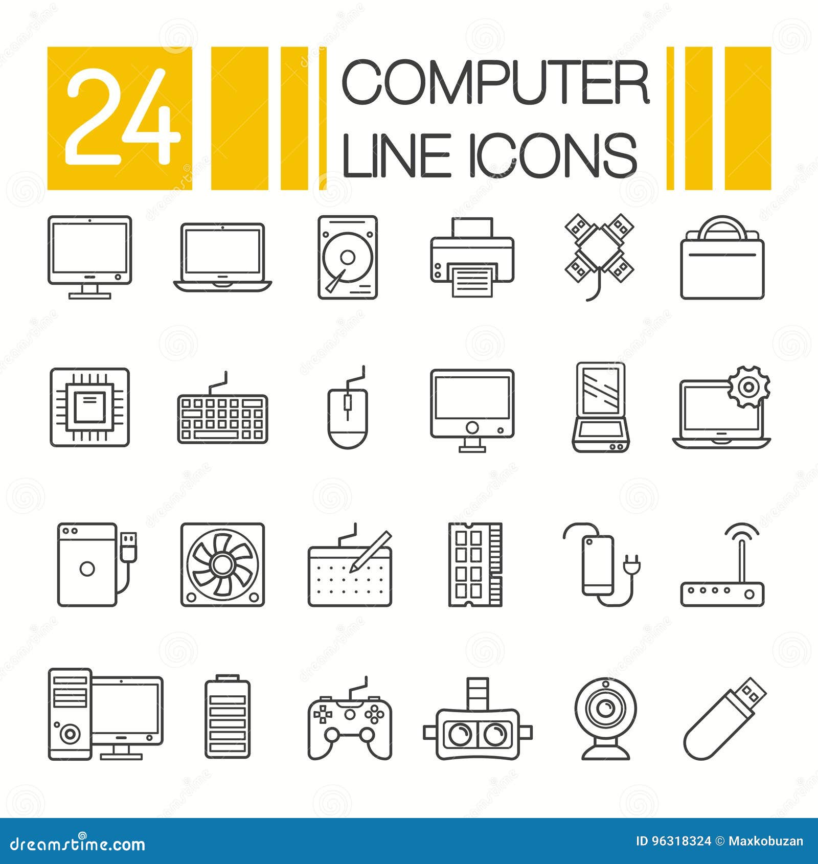 Computer Hardware Icons. PC Components and Devices Thin Line Vector ...