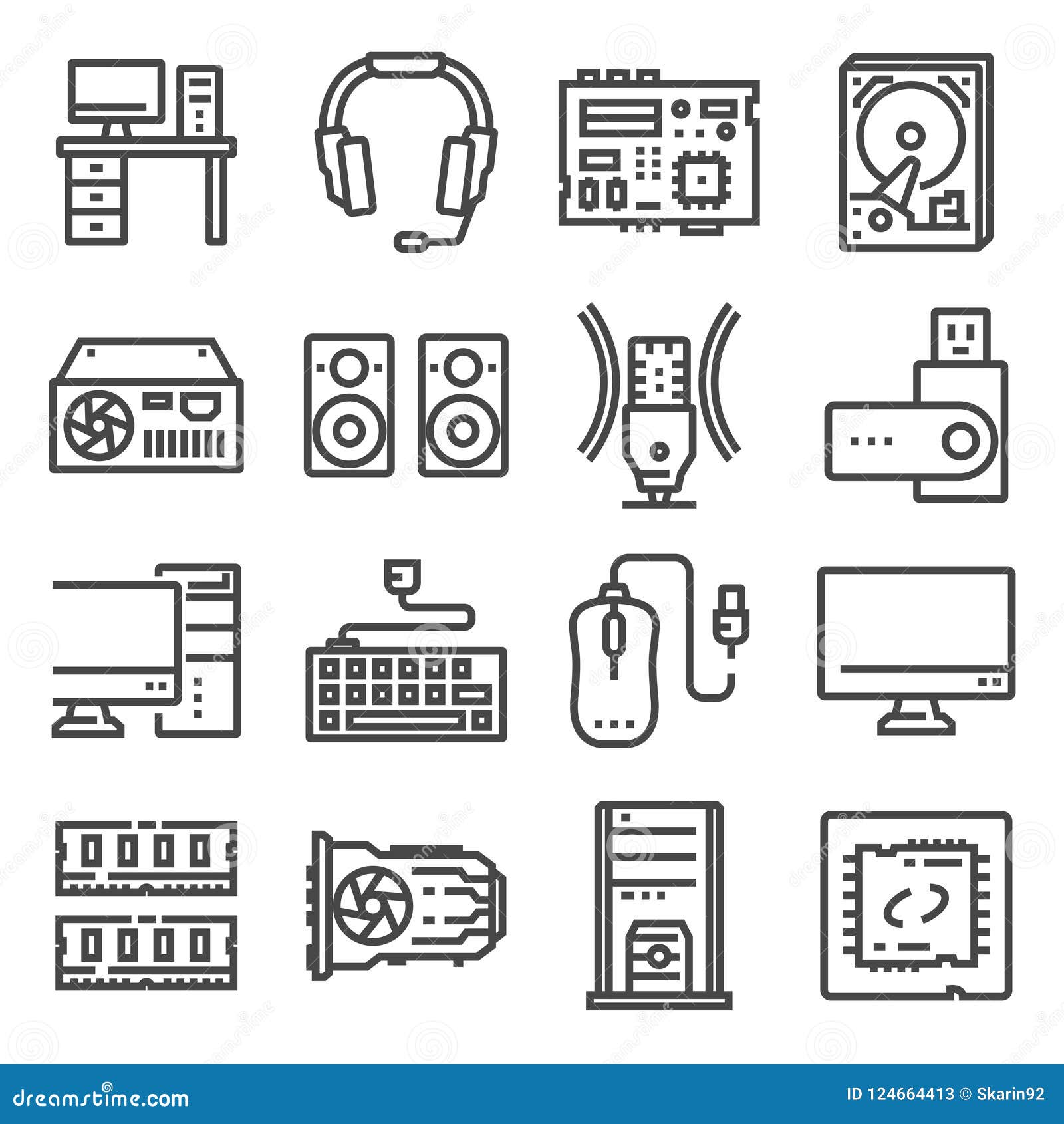 PC Components. CPU GPU Motherboard Cooler, SSD And Hand Drawn Memory ...