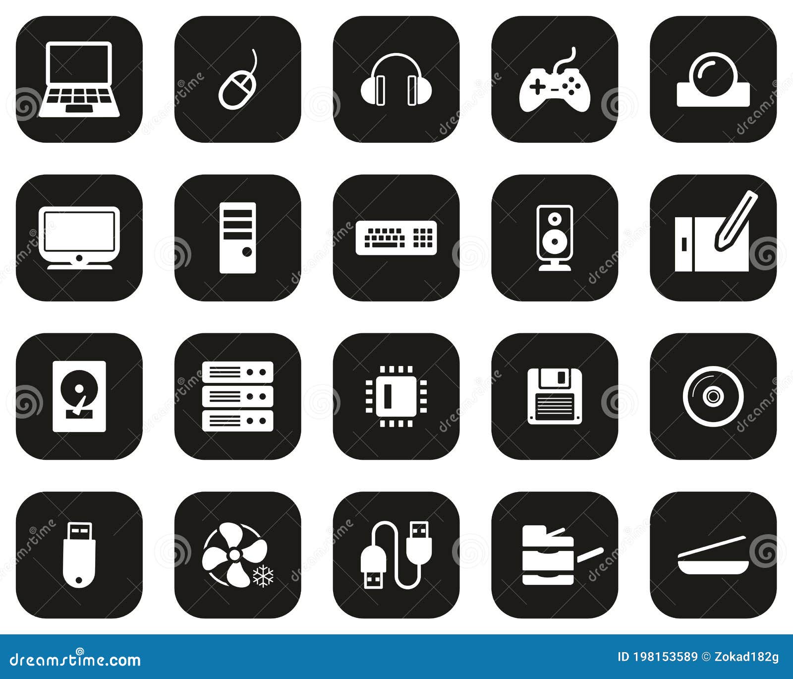 Computer Hardware Icons White on Black Flat Design Set Big Stock Vector ...