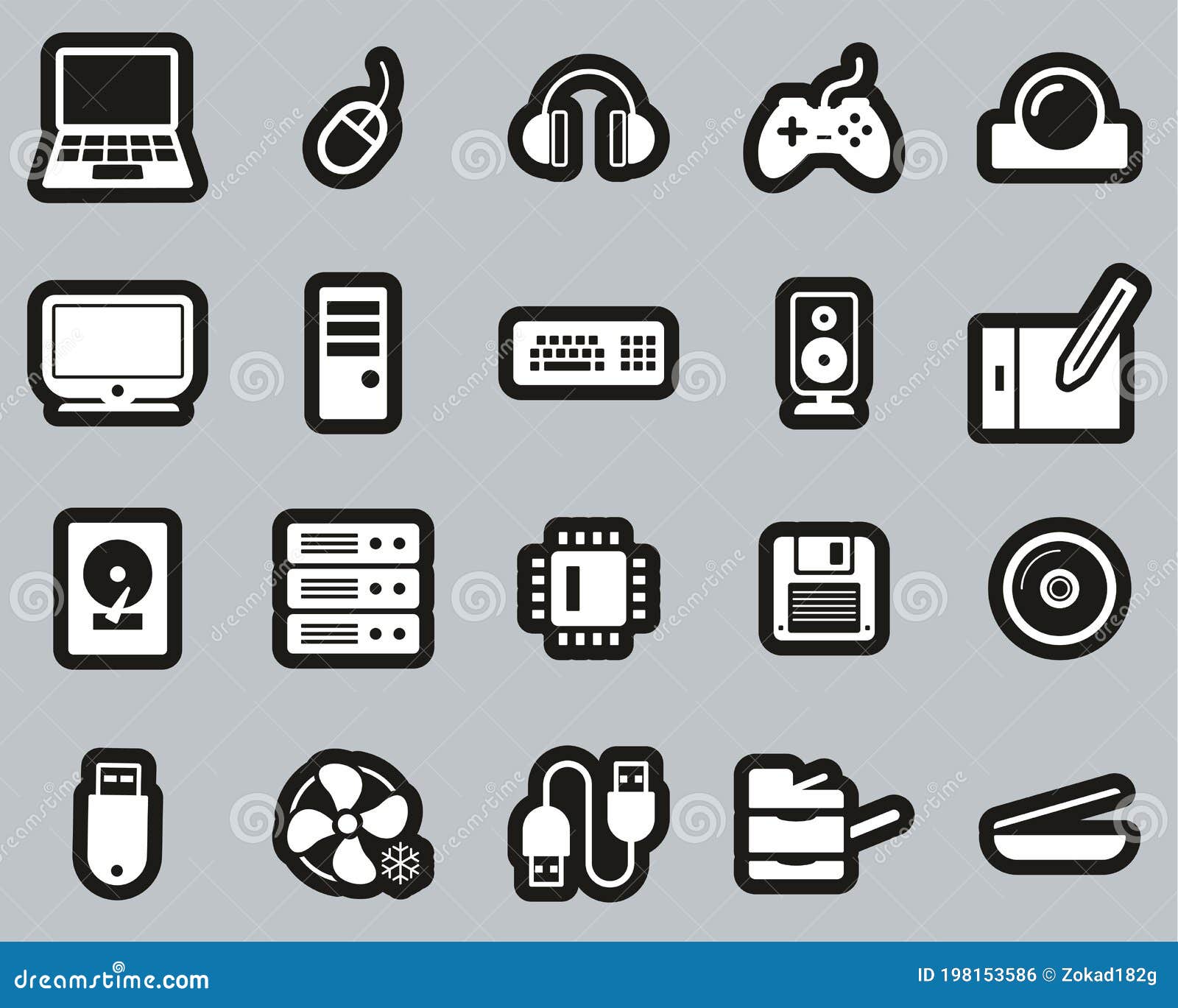 Computer Hardware Icons White on Black Sticker Set Big Stock Vector ...