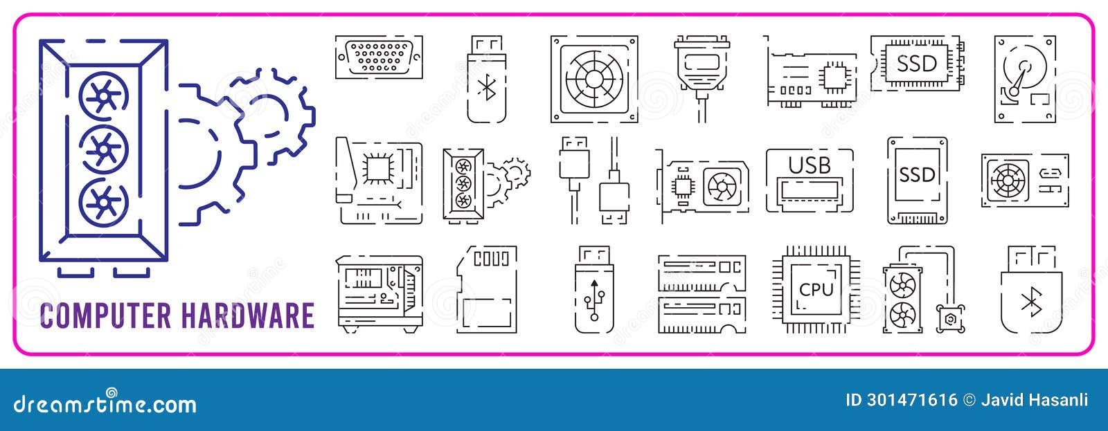 Computer Hardware Line Icon Set. Graphic Card or Processor and RAM. GPU ...