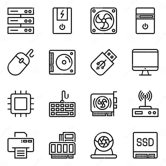 Computer Hardware Line Icons Set. Memory, Server, Monitor, Circuit ...