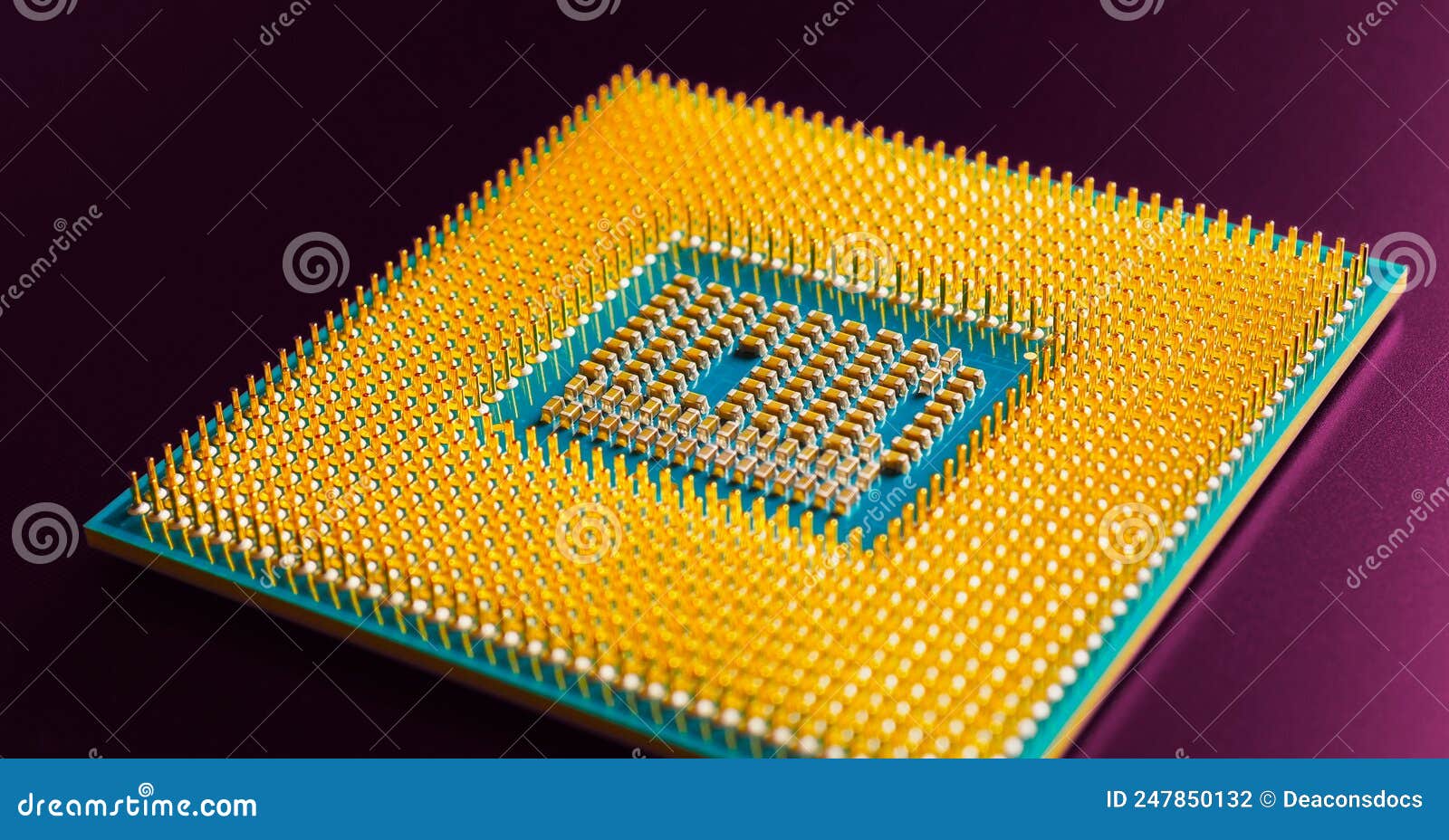 Computer Hardware. Processor Lies on Dark Purple Glass Surface. Closeup ...