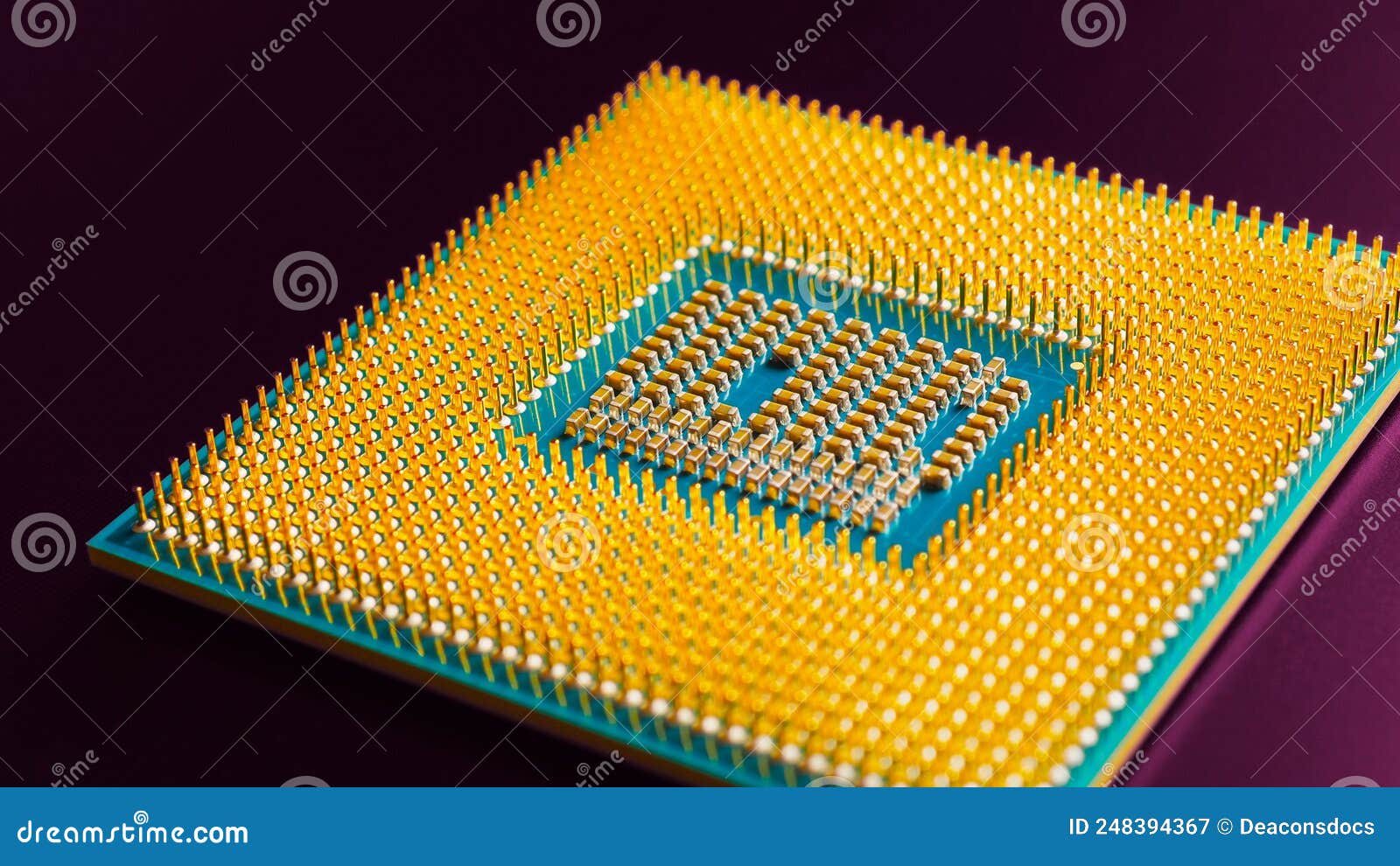 Computer Hardware. Processor Lies on Dark Purple Glass Surface. Closeup ...