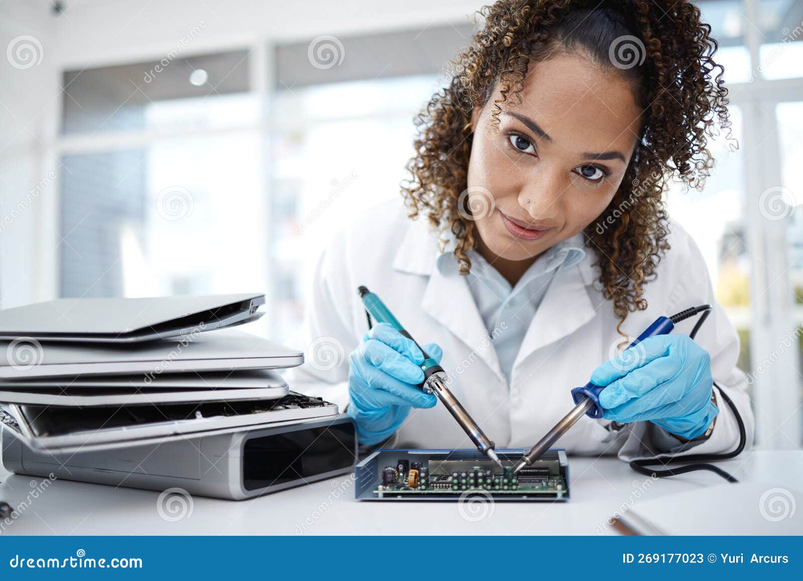 Computer Hardware, Soldering and Portrait of Black Woman Working on Cpu ...