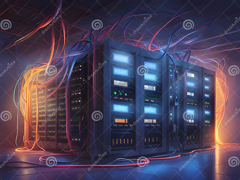 Computer Hardware Technology Concept with Many Neon Lights and Server ...