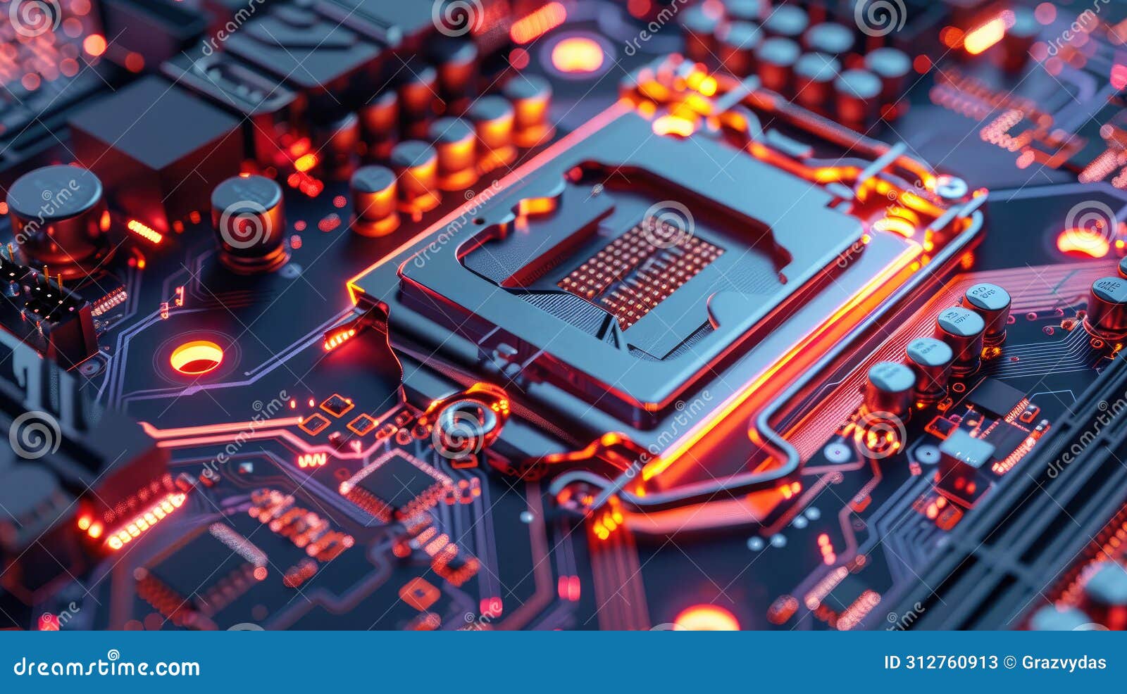 Computer Hardware Technology Concept in Neon Light. Motherboard in Blue ...