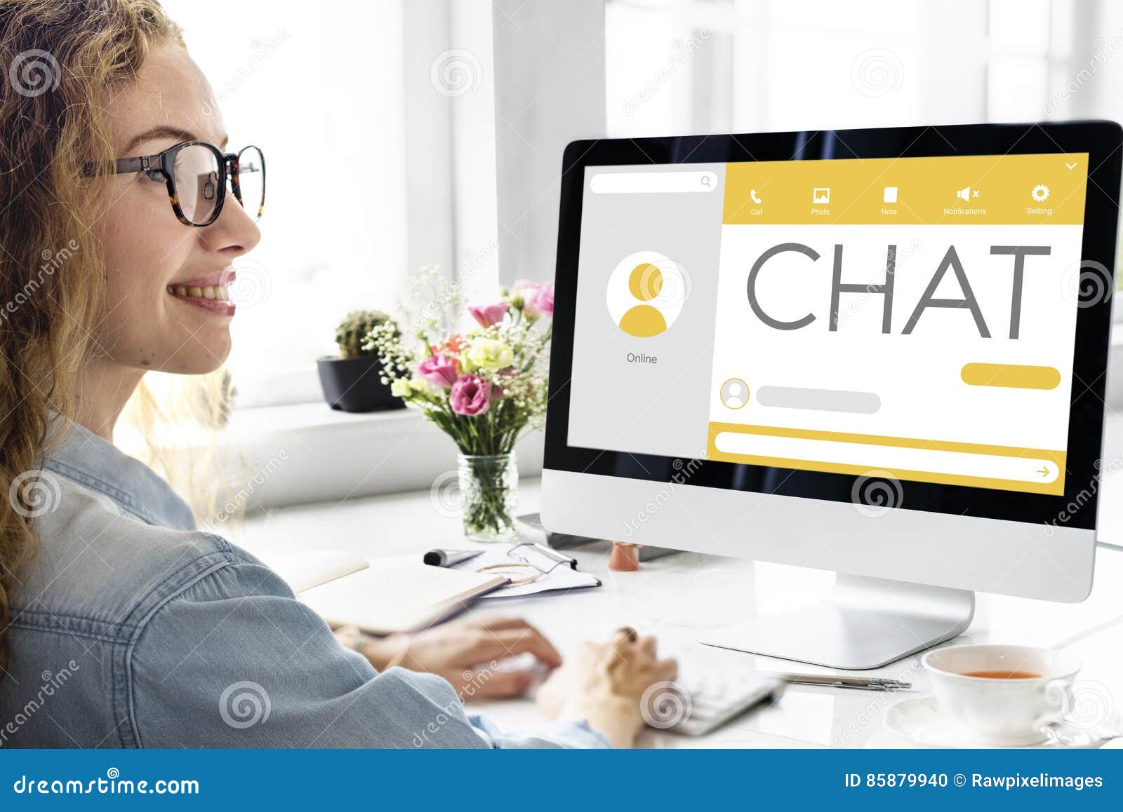 Computer Home Chatting Lady Concept Stock Photo - Image of online ...