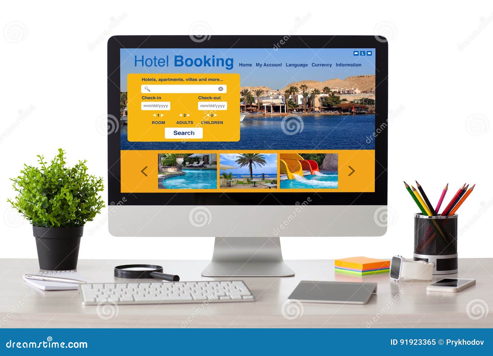 Computer with Hotel Booking Screen on Table in Office Stock Image ...