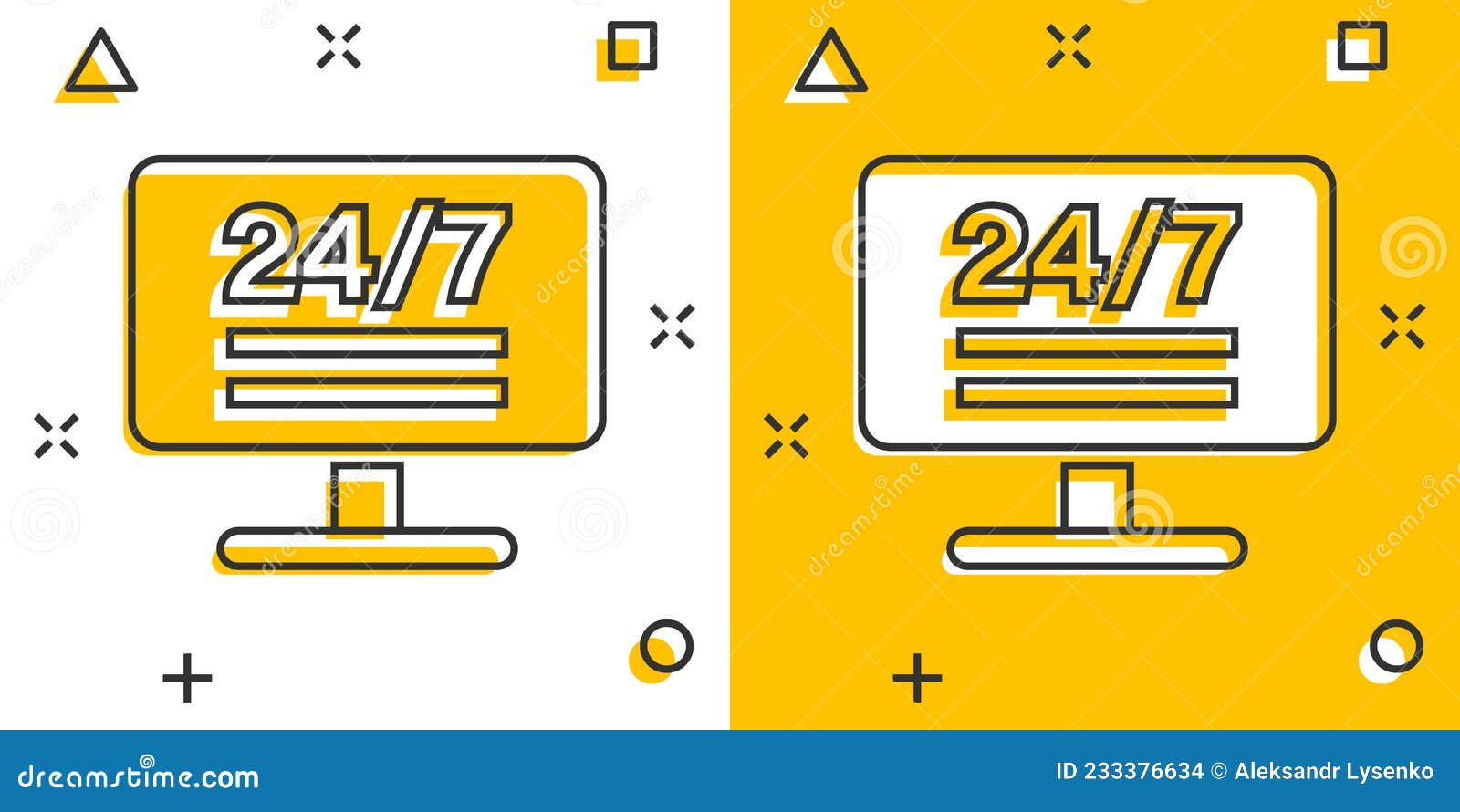 24/7 Computer Icon in Comic Style. All Day Service Cartoon Vector ...
