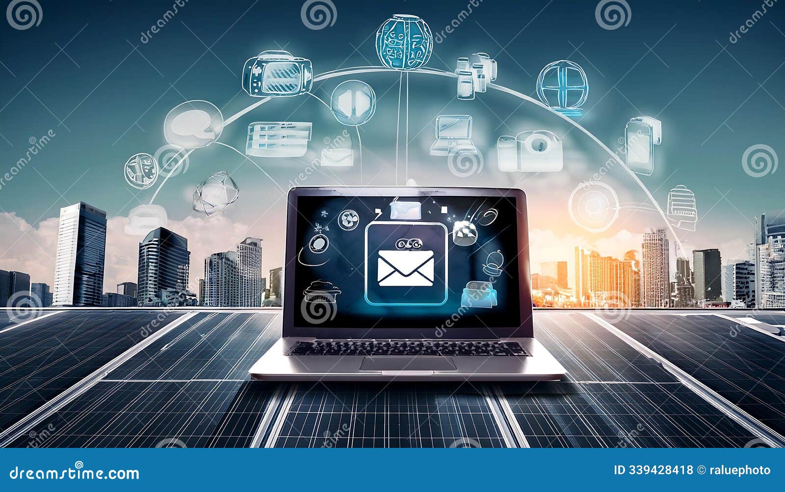 Computer Icons Concept and Icon on Top of a Laptop Stock Illustration ...
