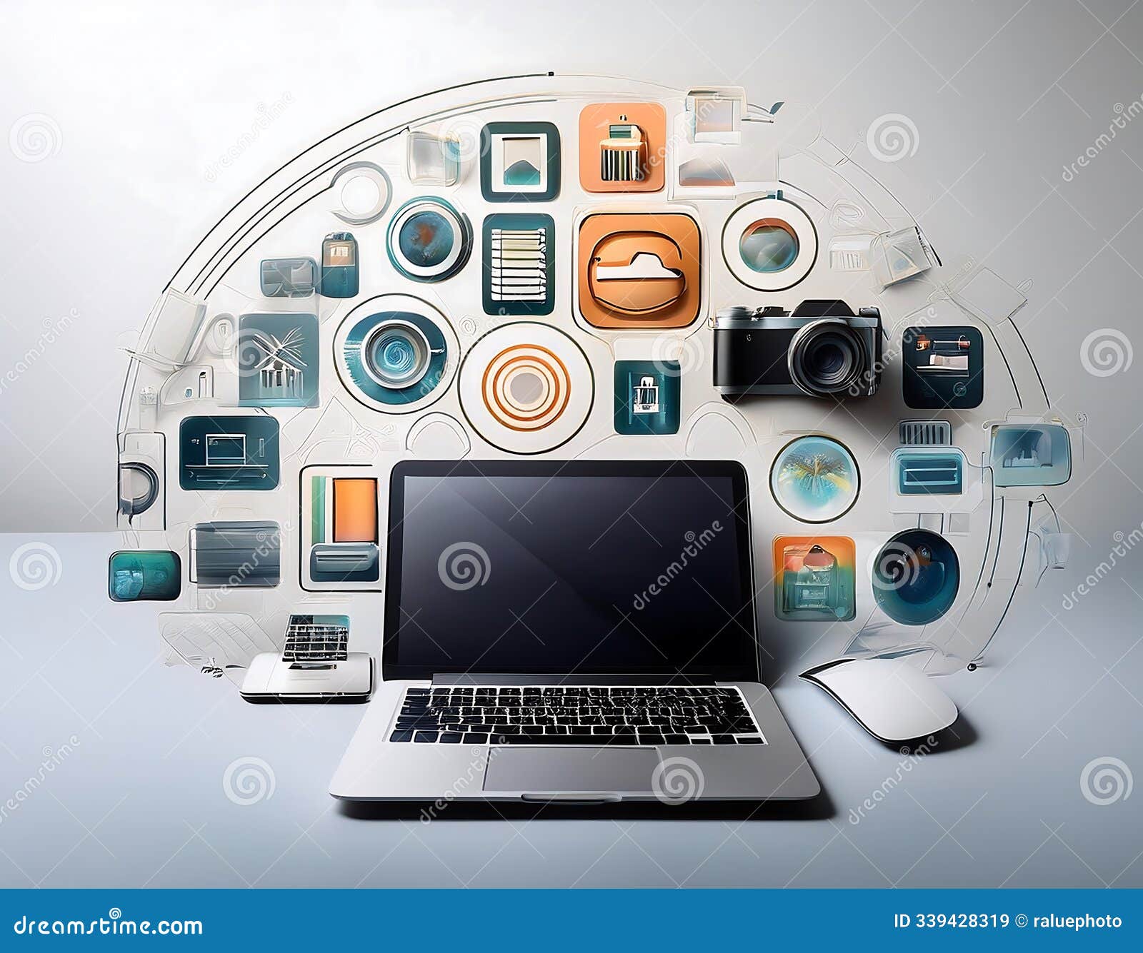 Computer Icons and Copy Space with Laptop on White Background Stock ...