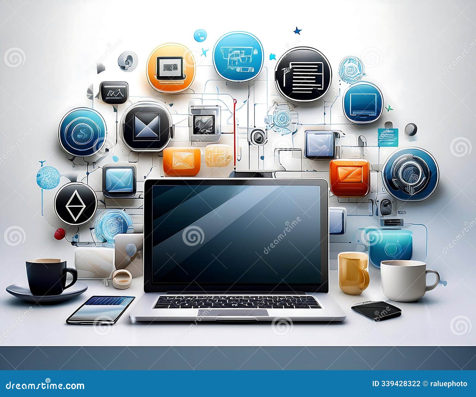 Computer Icons and Copy Space with Laptop on White Background Stock ...