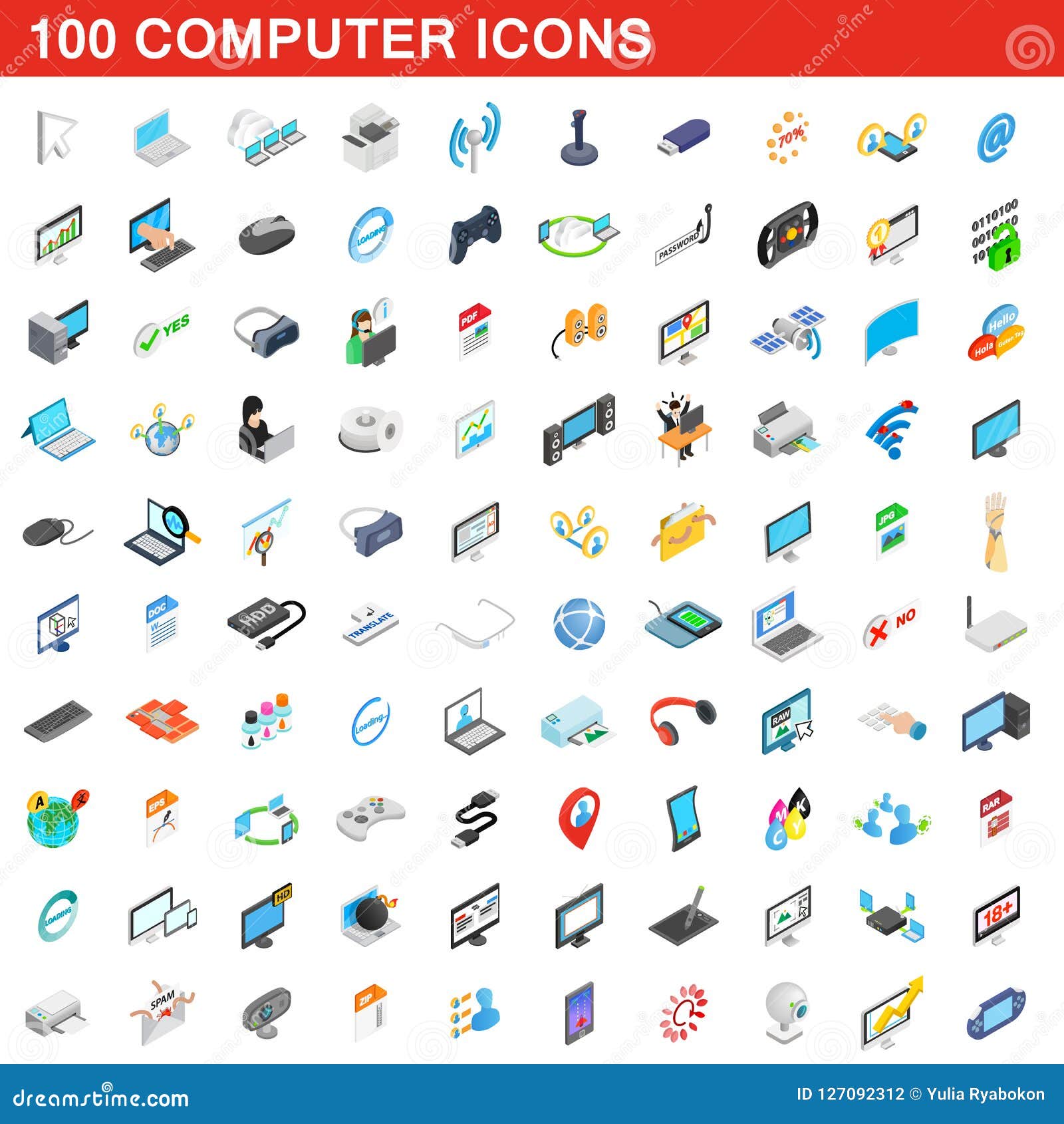 100 Computer Icons Set, Isometric 3d Style Stock Illustration ...