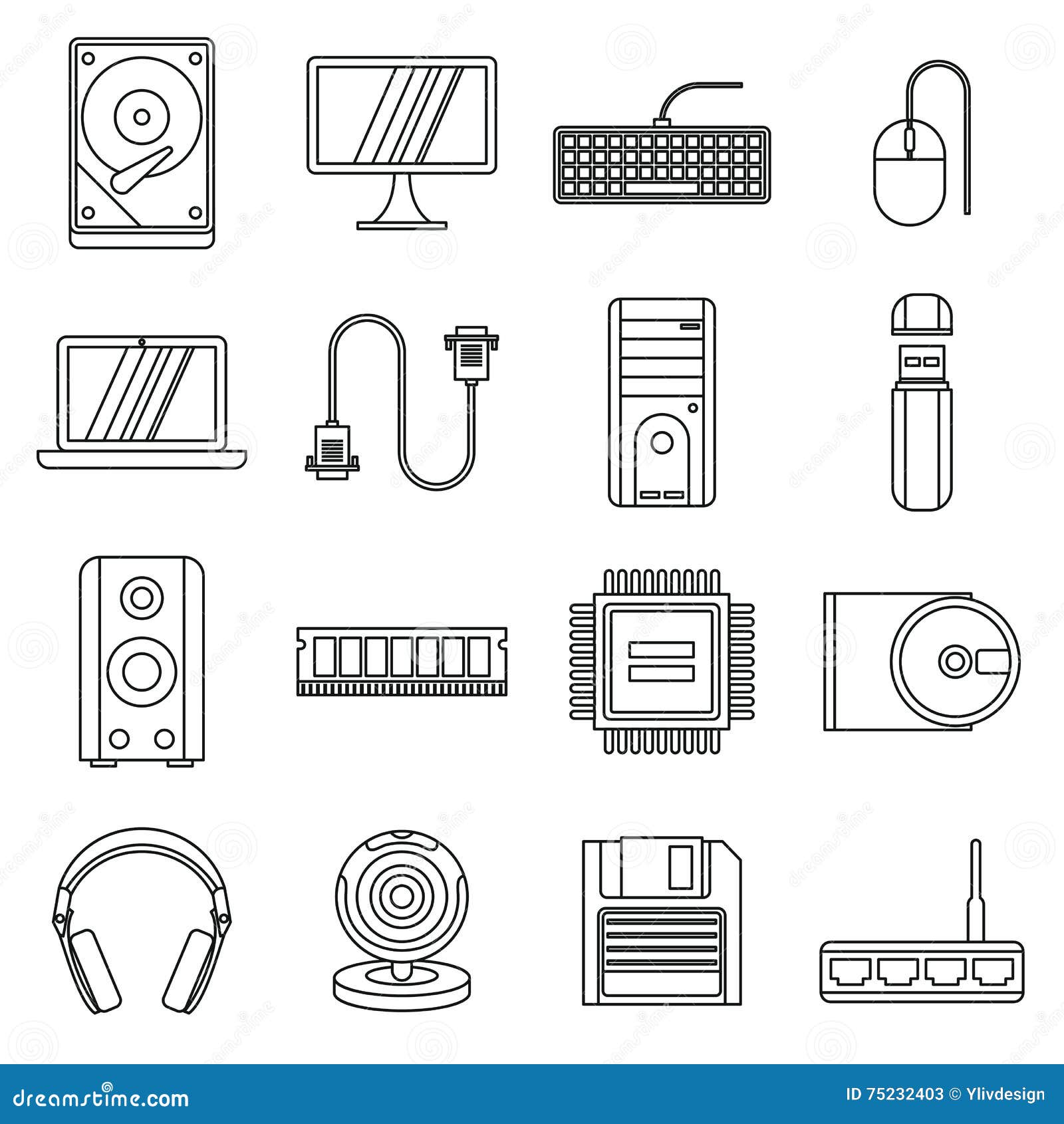 Computer Icons Set, Outline Style Stock Vector - Illustration of ...
