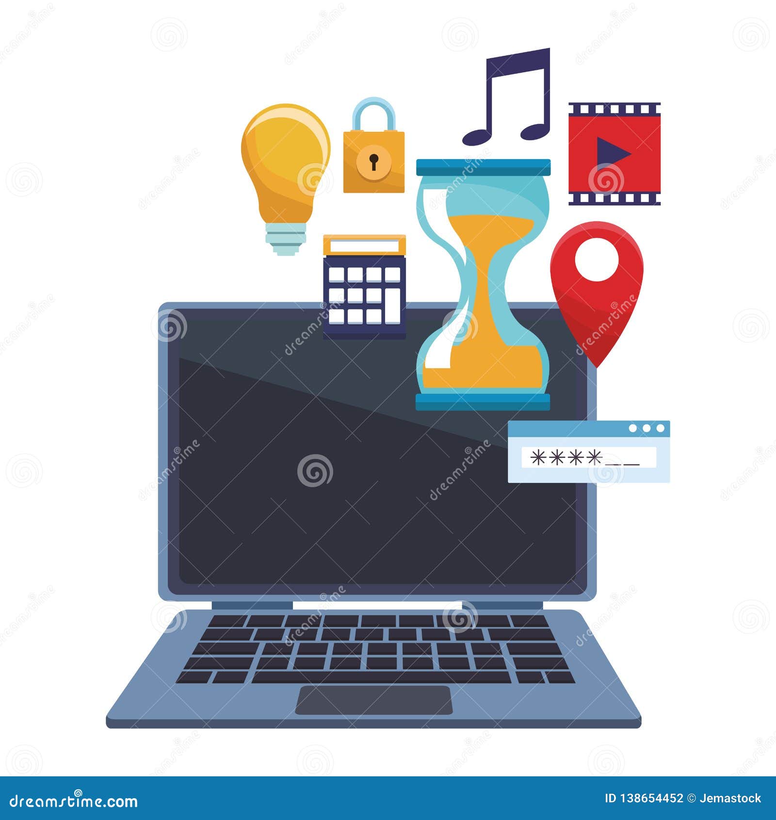 Computer with Informatic Items Stock Vector - Illustration of hourglass ...