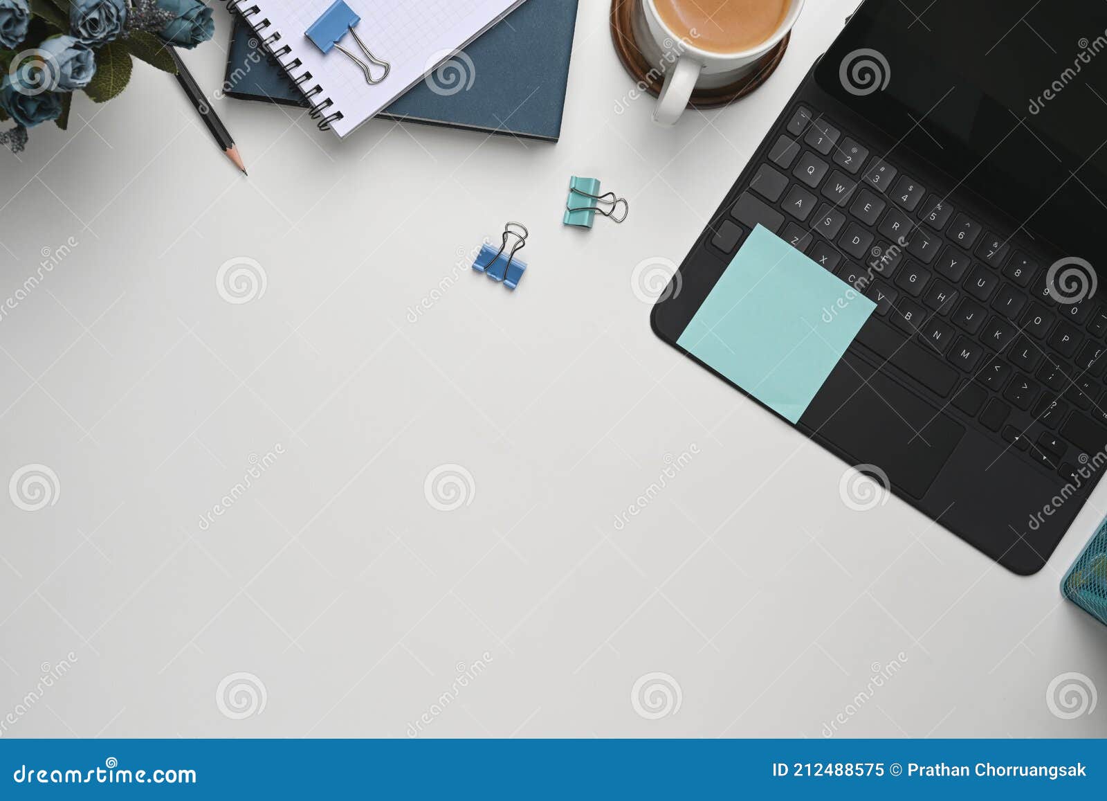 Computer Keyboard and Coffee with Notebook Paper on White Desk. Stock ...