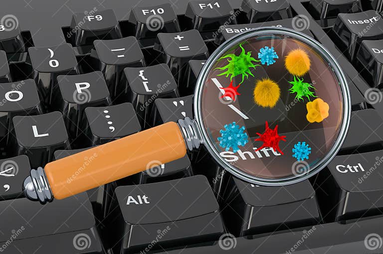 Computer Keyboard with Germs and Bacterias Under Magnifying Glass. 3D ...