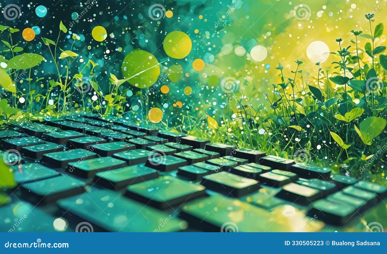 Computer Keyboard with Green Leaves and Bubbles Stock Illustration ...