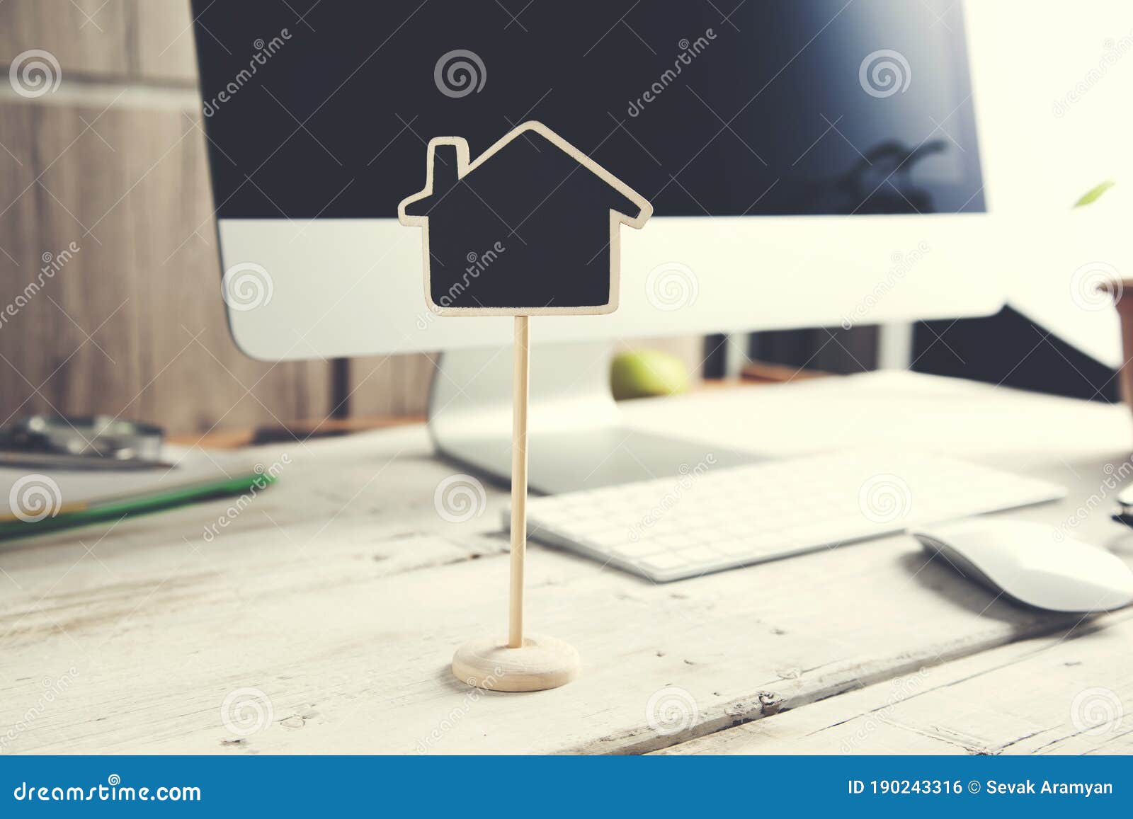 Computer Keyboard and House Model on Working Desk Stock Photo - Image ...