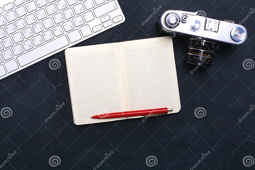 Computer Keyboard, Mouse and Camera Lie on Table Stock Image - Image of ...