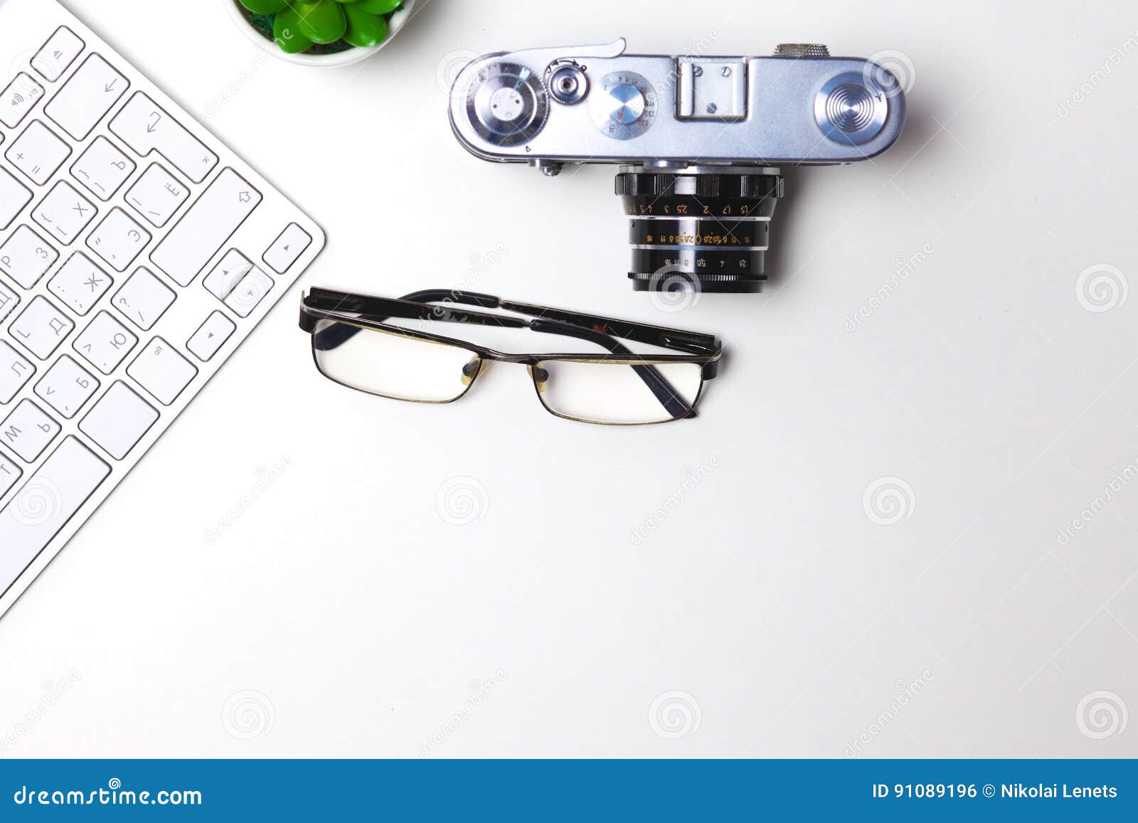 Computer Keyboard, Mouse and Camera Lie on Table Stock Photo - Image of ...