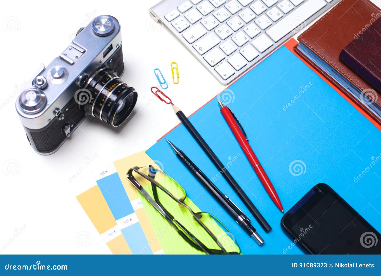 Computer Keyboard, Mouse and Camera Lie on Table Stock Image - Image of ...