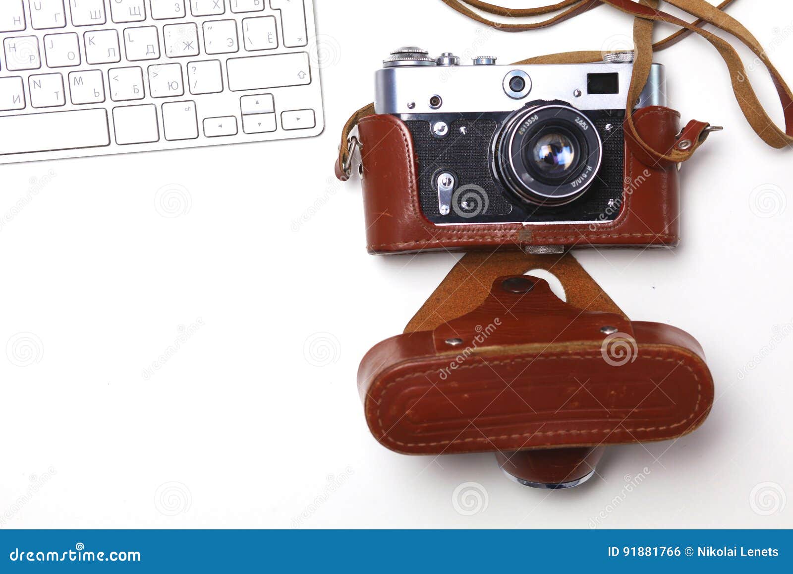 Computer Keyboard, Mouse and Camera Lie on Table Stock Photo - Image of ...