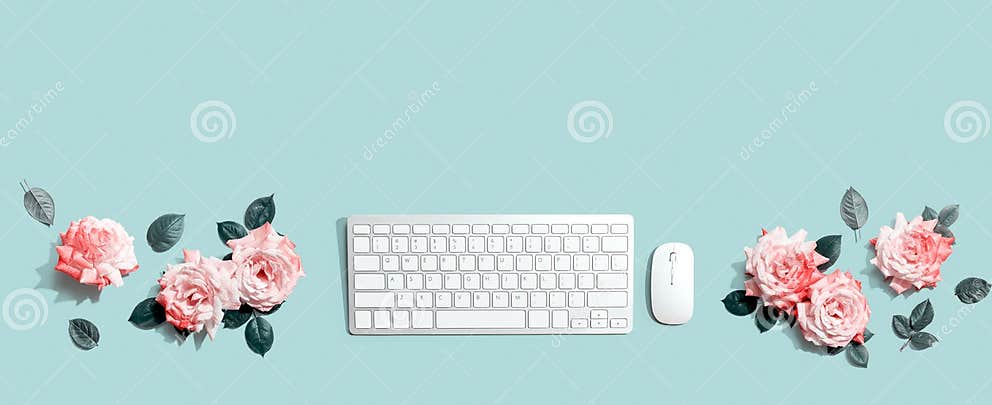 Computer Keyboard and a Mouse with Pink Roses Stock Image - Image of ...