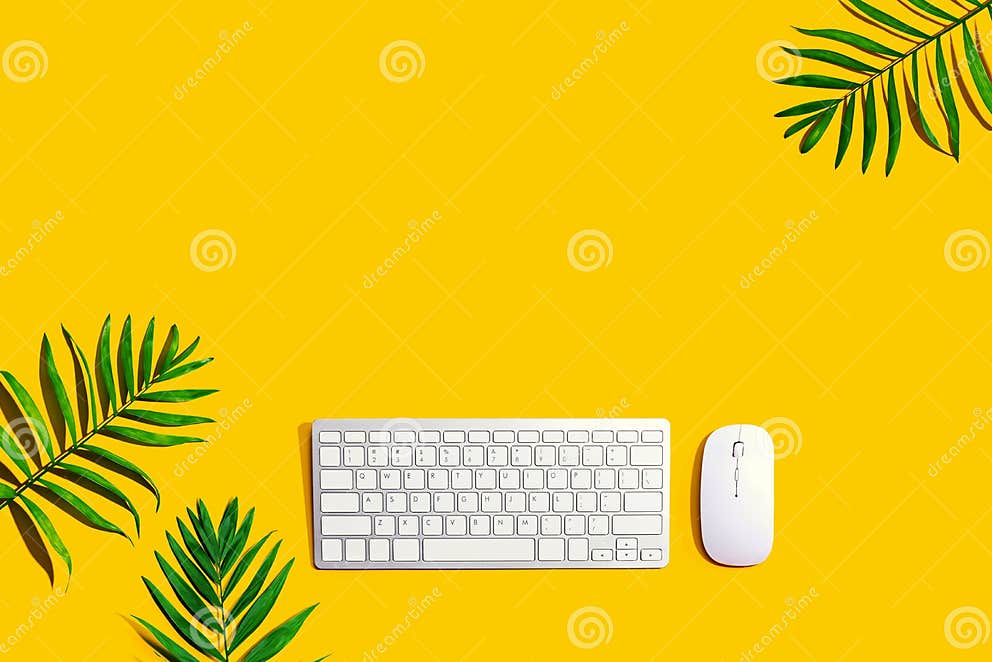 Computer Keyboard and Mouse with Tropical Plants Stock Photo - Image of ...