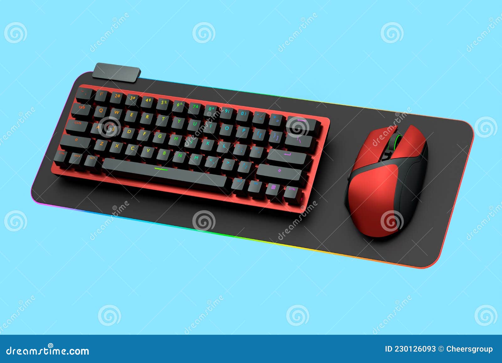 Computer Keyboard and Red Mouse on Professional Pad Isolated on Blue ...
