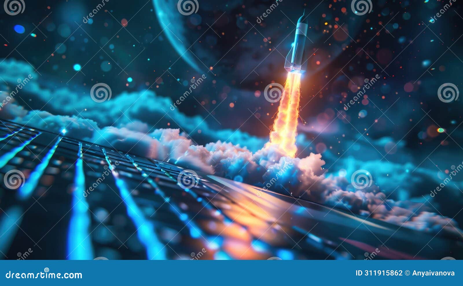 A Computer Keyboard with a Rocket Flying through the Air Stock ...