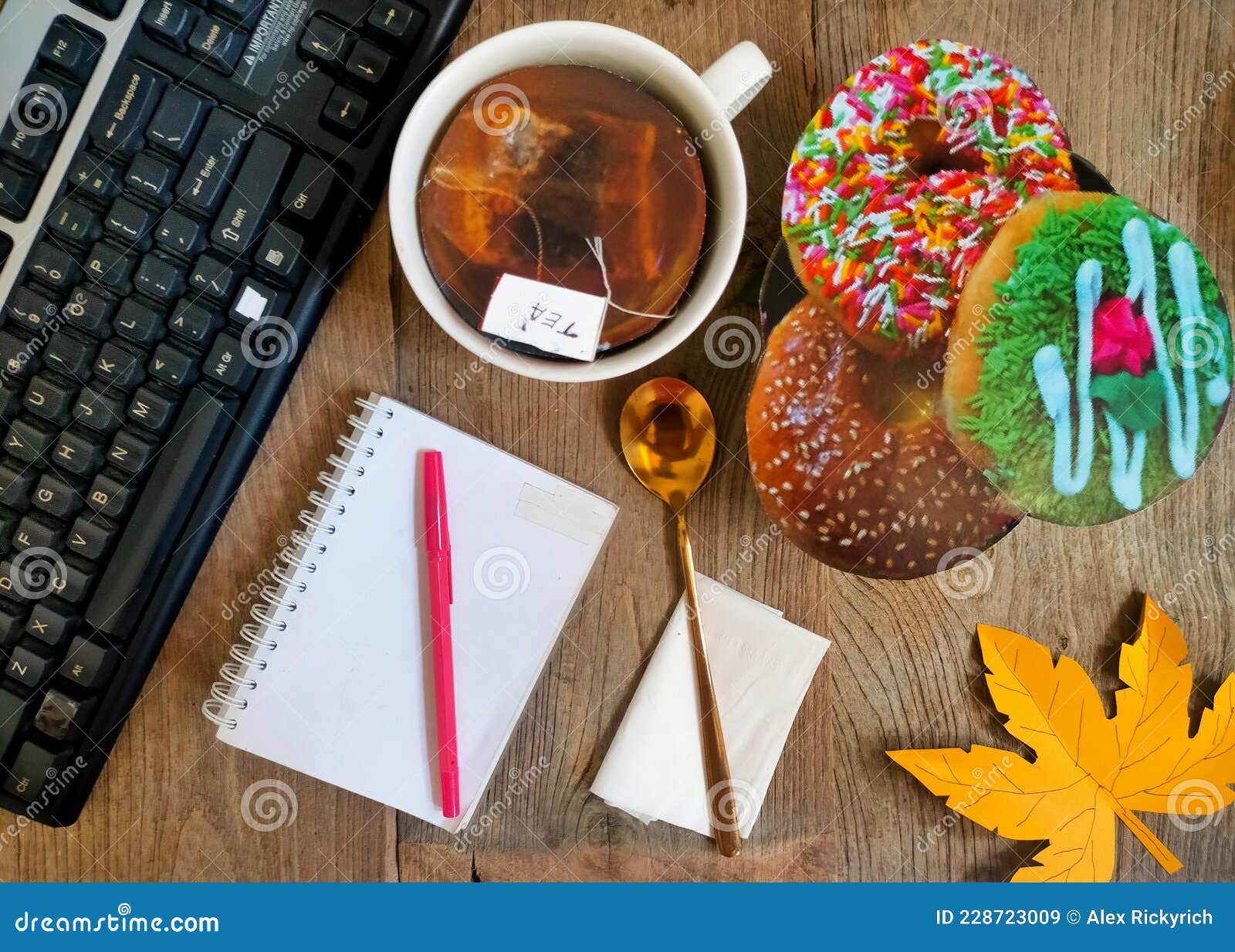 Computer Keyboard, Tea, Notebook and Donuts Stock Image - Image of ...