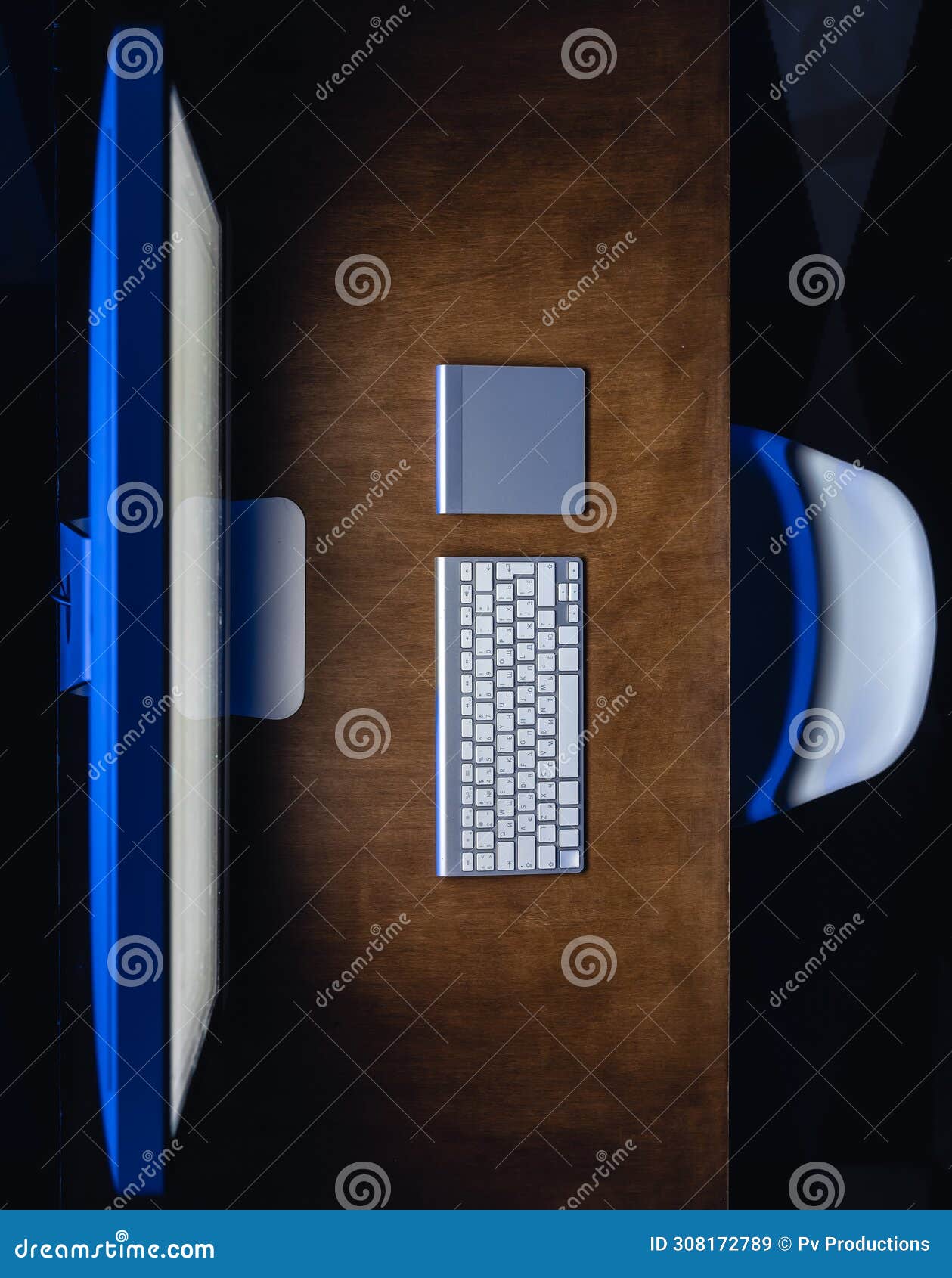 Computer and Keyboard on a Wooden Table at Night, Top View. Stock Image ...