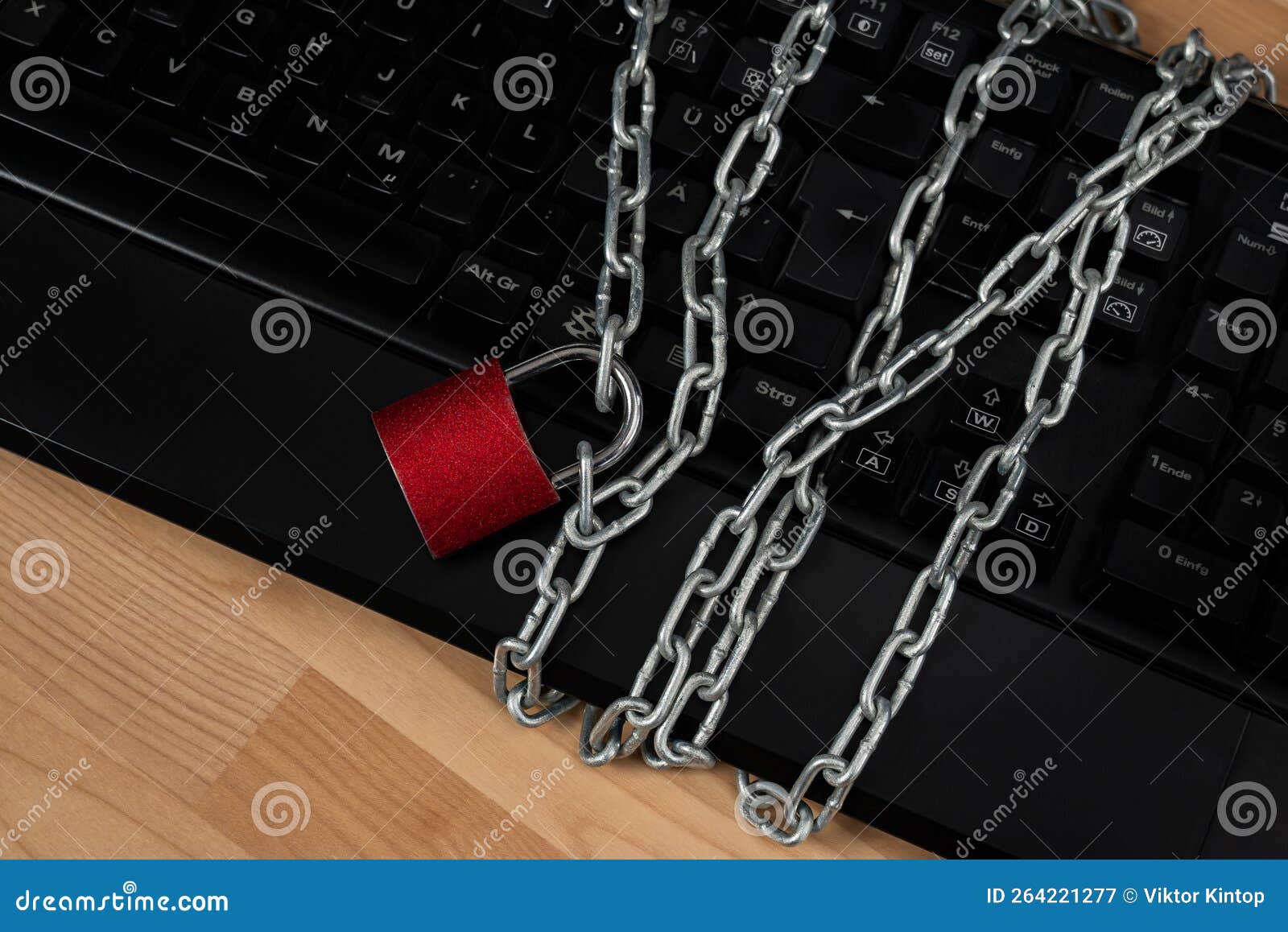 The Computer Keyboard is Wrapped with a Metal Chain with a Lock. Stock ...